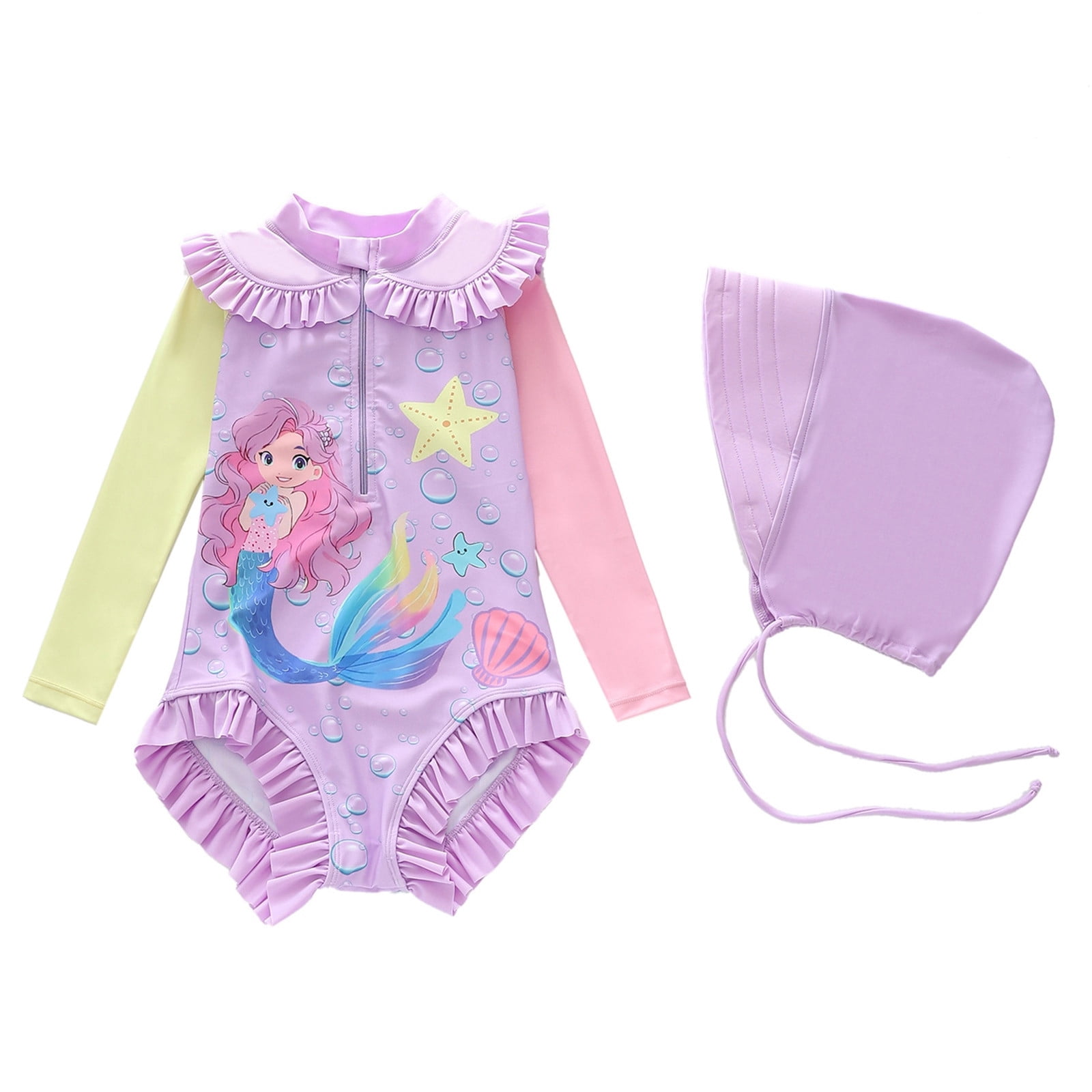 Ticikt Girls Long Sleeve Rashguard Sets Kids One Piece Swimsuit and Hat ...