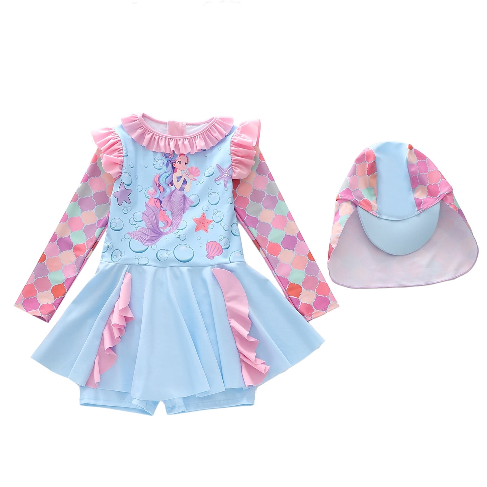 Ticikt Girls Long Sleeve Rashguard Sets Kids One Piece Swimsuit and Hat ...