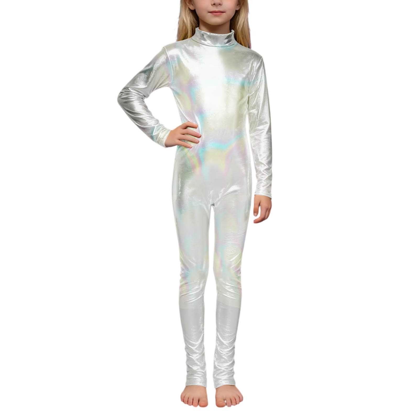 Ticikt Girls Shiny Metallic Neck Unitard Long Sleeve Zipper Back One ...