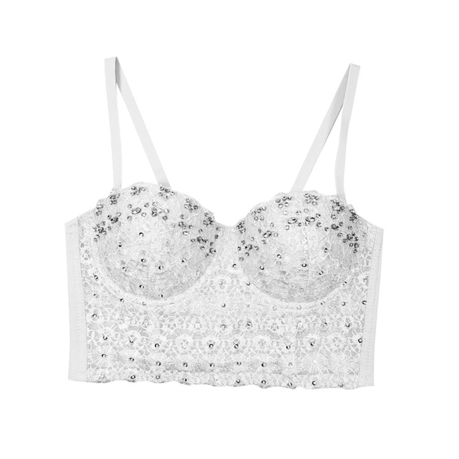 Ticikt Lace Camisole Rhinestone Beaded Crop Top Corset Fishbone Bustier ...