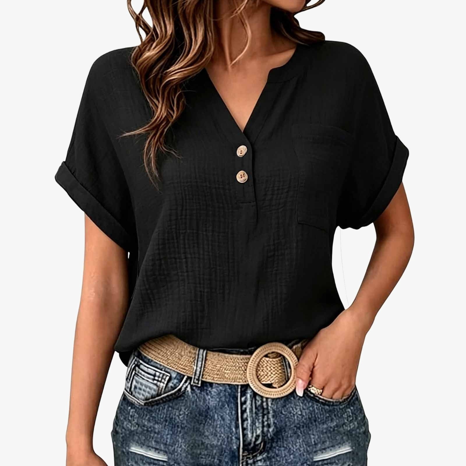 Ticikt Relaxed Fit V-Neck Button Front Tee, Lightweight Crinkle Short ...