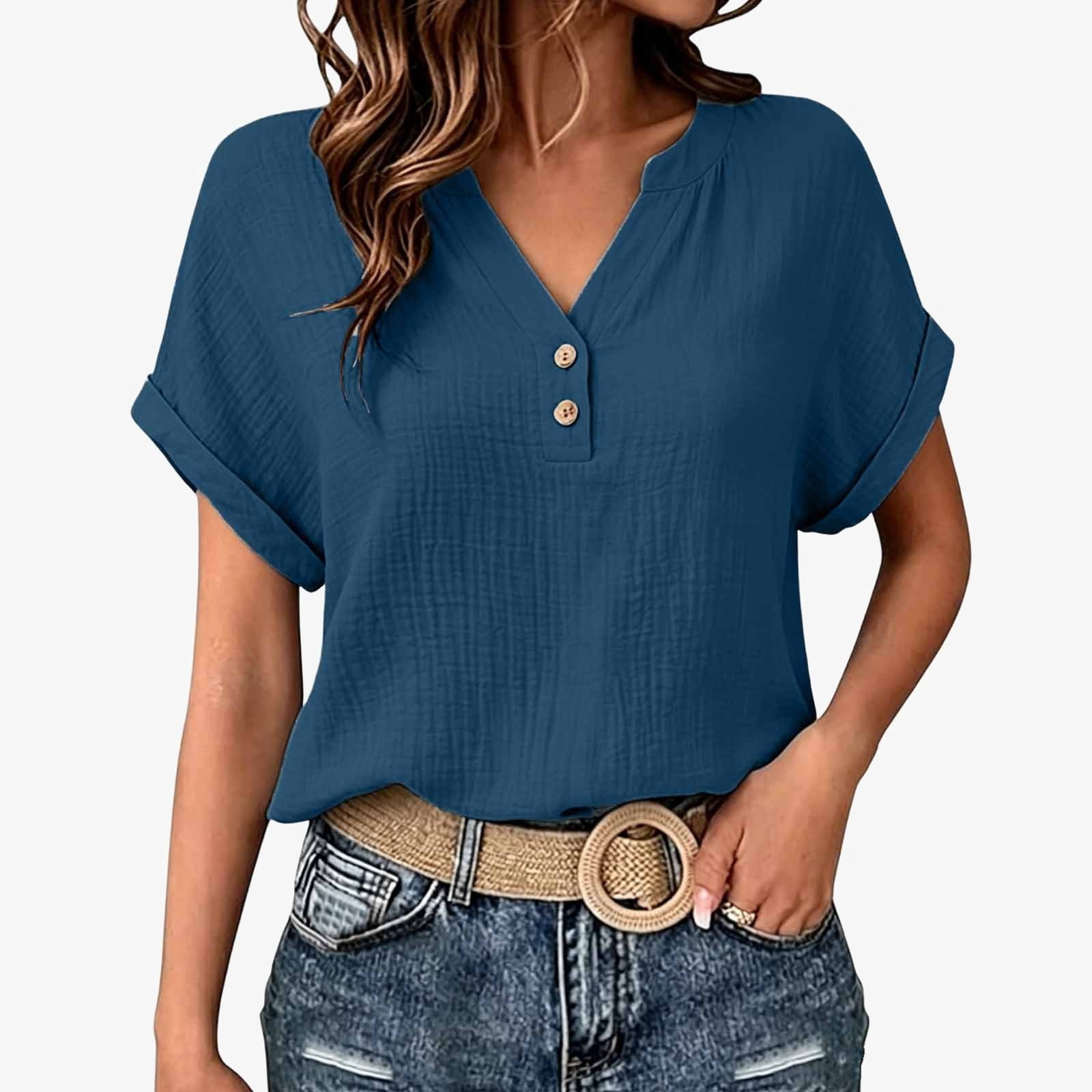 Ticikt Relaxed Fit V-Neck Button Front Tee, Lightweight Crinkle Short ...