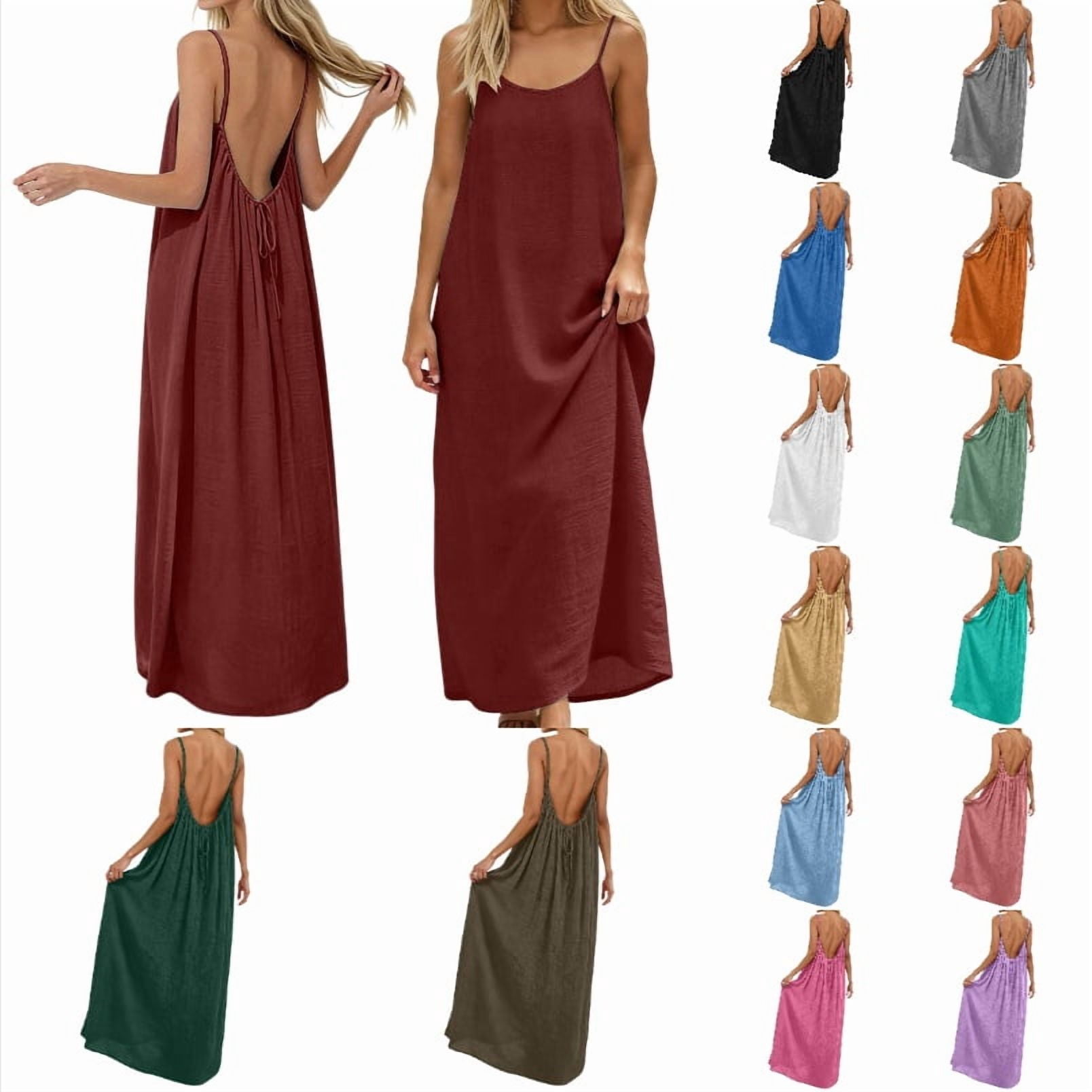 Ticikt Women's Backless Linen-Blend Maxi Dress, Casual Loose Spaghetti ...