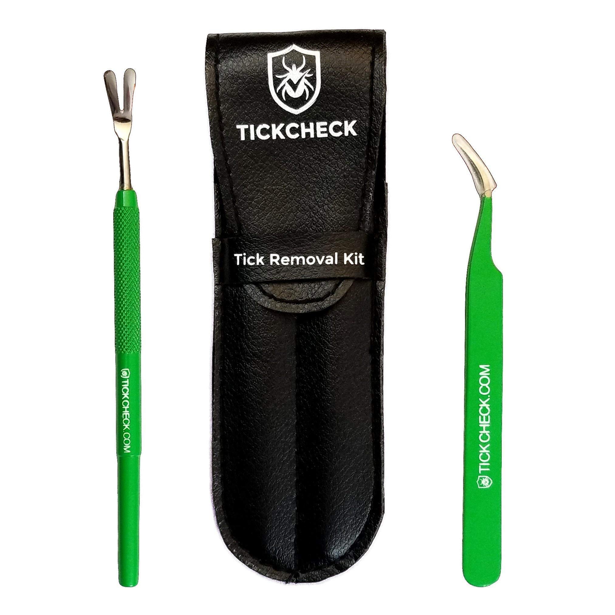 TickCheck Premium Tick Remover Kit - Stainless Steel Tick Remover + Tweezers, Leather Case, and ...