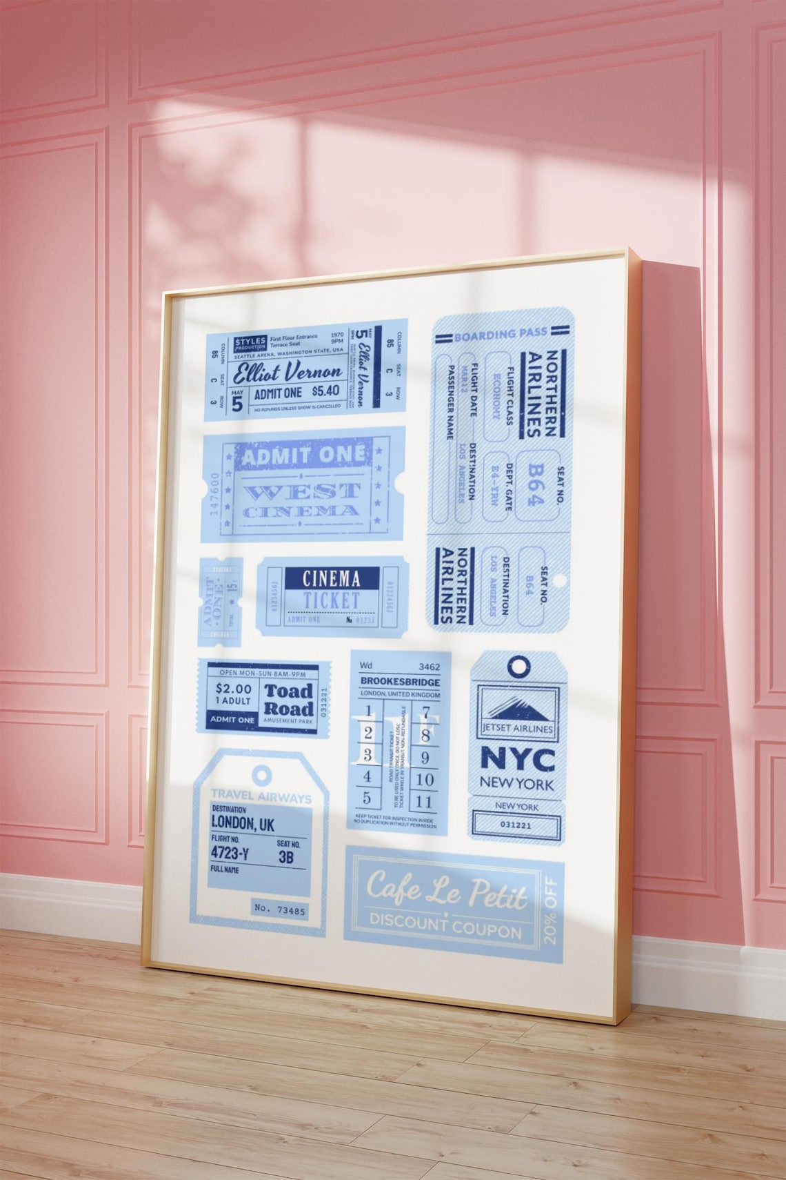 Tickets Poster, Trendy Retro Coupon Cinema Theater Plane Blue Ticket ...