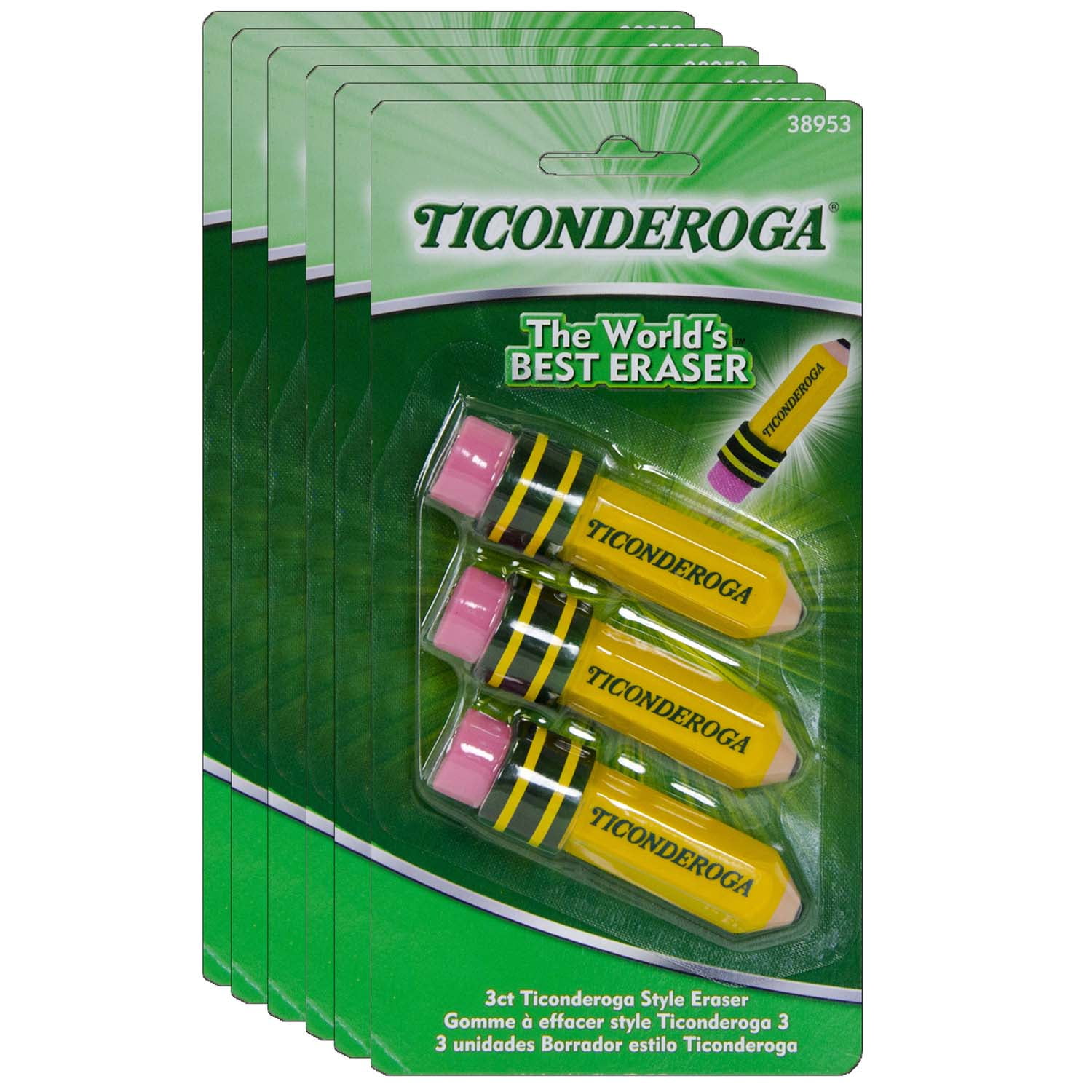Ticonderoga Erasers, Pencil Shaped, Yellow, 3 Per Pack, 6 Packs ...