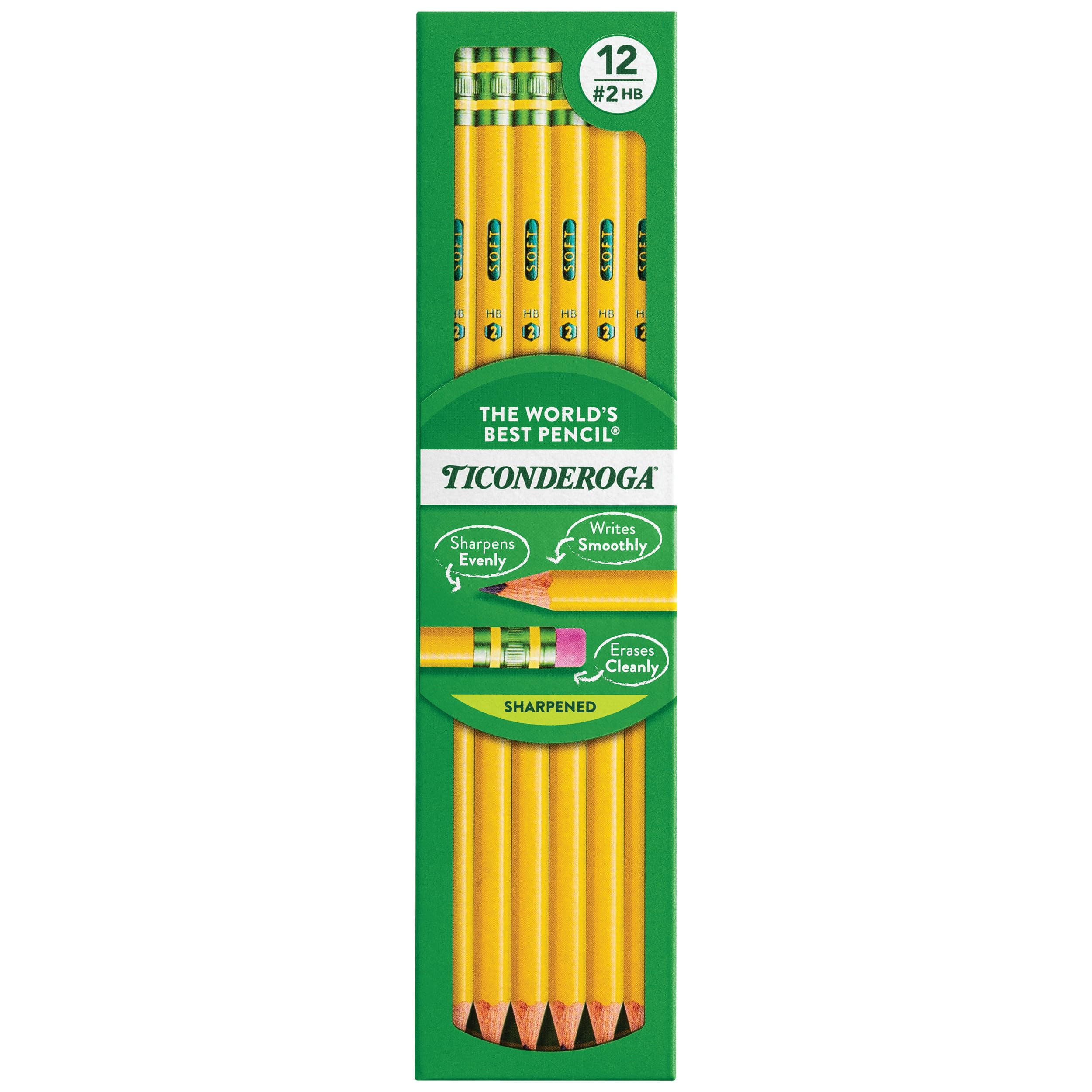 Ticonderoga Wood-Cased Pencils, Pre-Sharpened, 2 HB Soft, Yellow, 12 ...