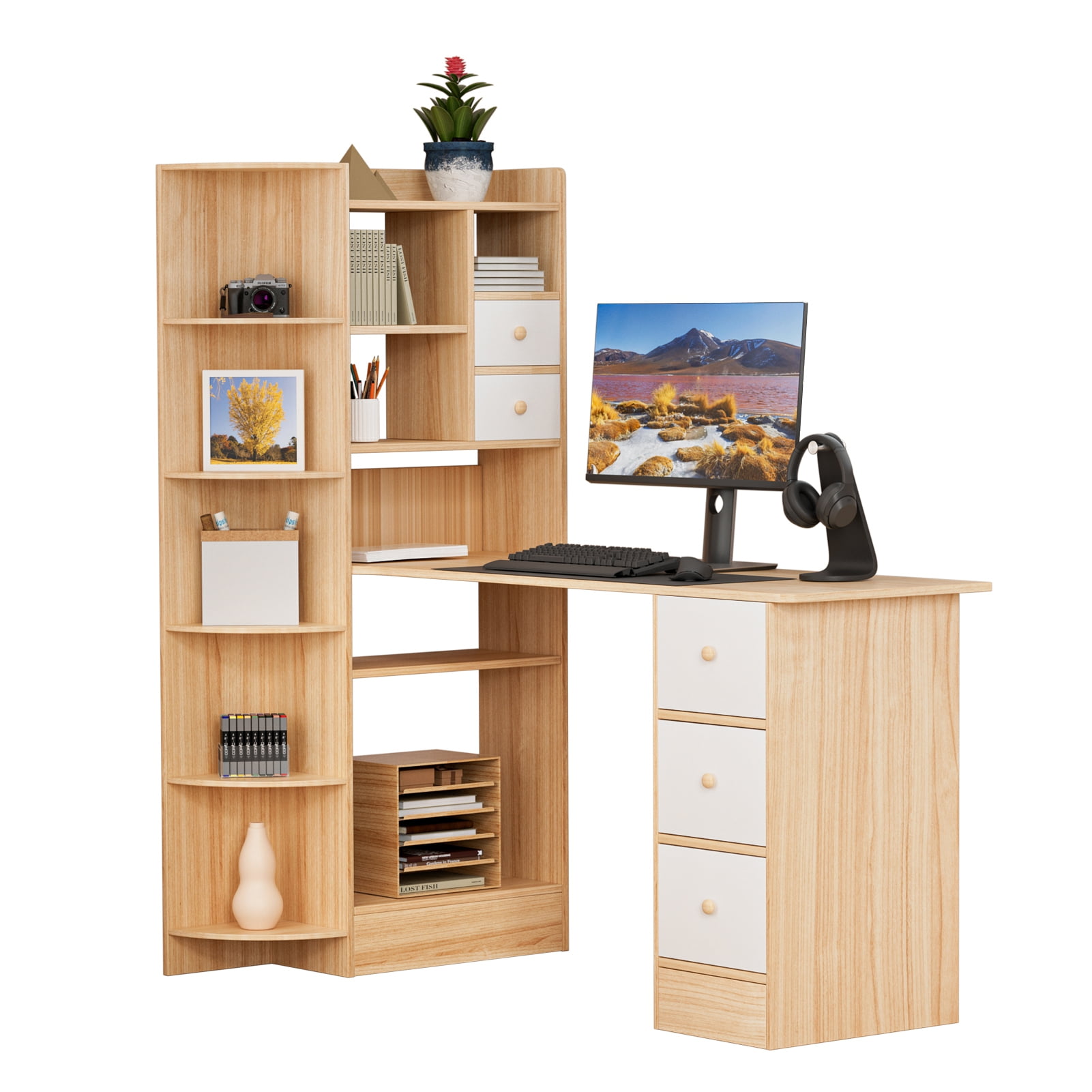 TidBay Desk Bookshelf Combo, 2-in-1 L-Shaped Computer Desk with ...
