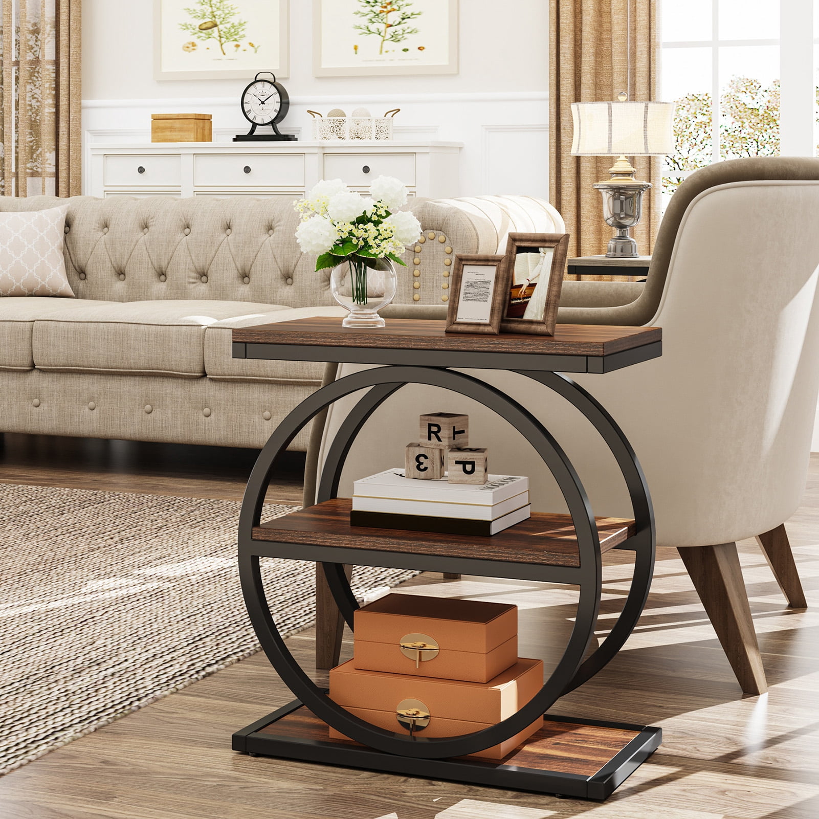 TidBay End Table with 3-Tier Storage Shelves Metal Black Frame Wooden ...