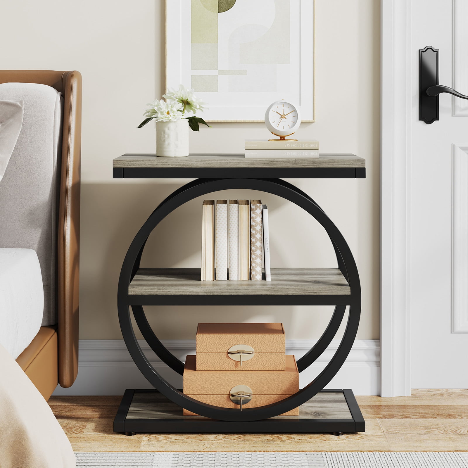 TidBay End Table with 3-Tier Storage Shelves Metal Black Frame Wooden ...
