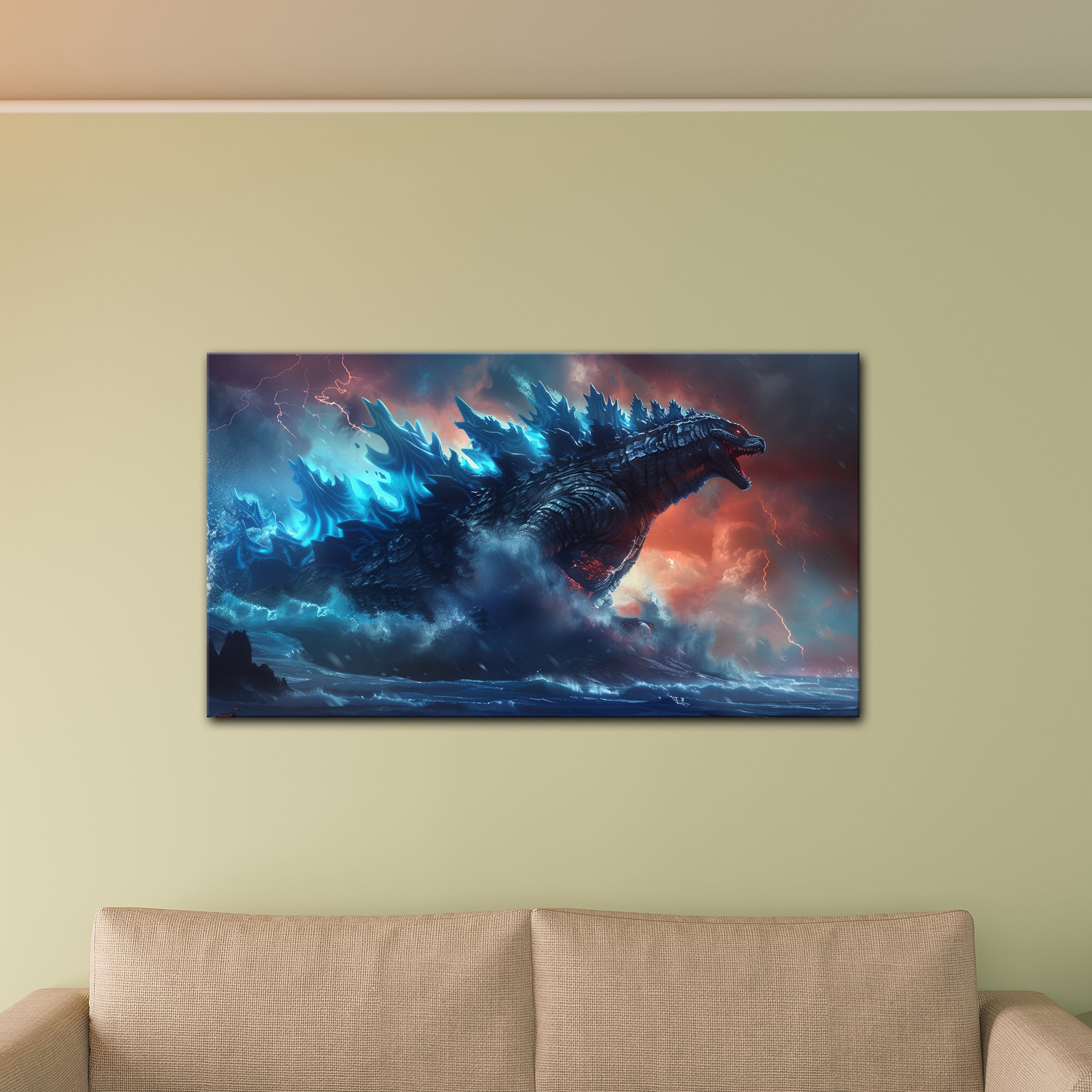 Tidal Judgment- Godzilla in the Sea of Rage and Blue Flame (36 "x48 ...
