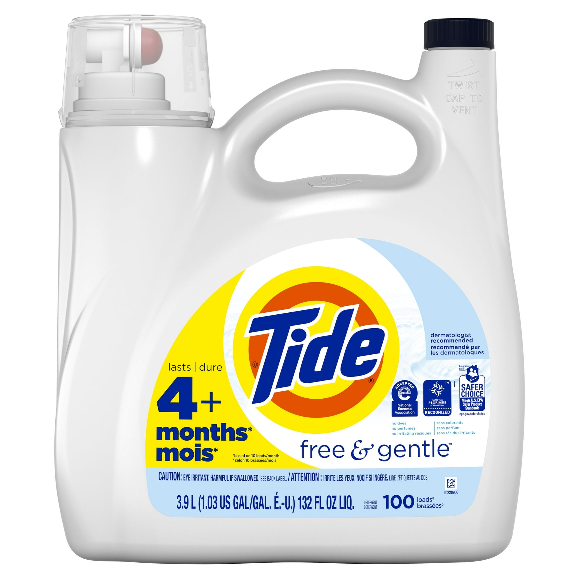 Tide Free & Gentle Liquid Laundry Detergent, 100 Loads, 132 fl oz ( 4 ...
