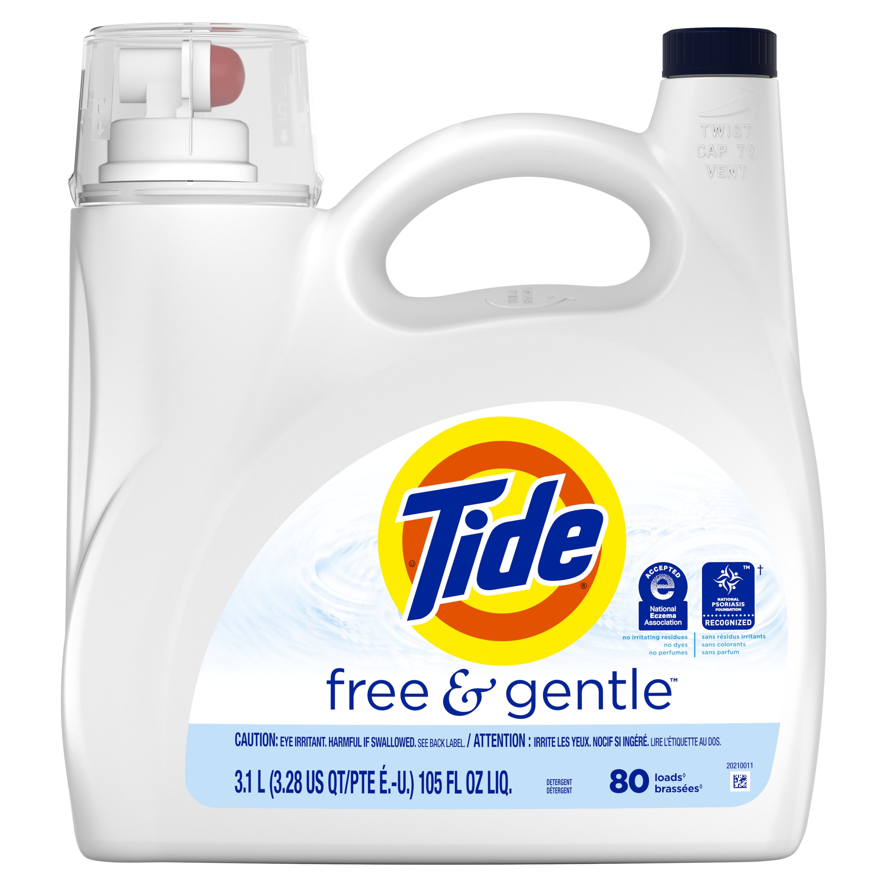 Tide Free & Gentle Liquid Laundry Detergent, 80 Loads, 105 fl oz ...