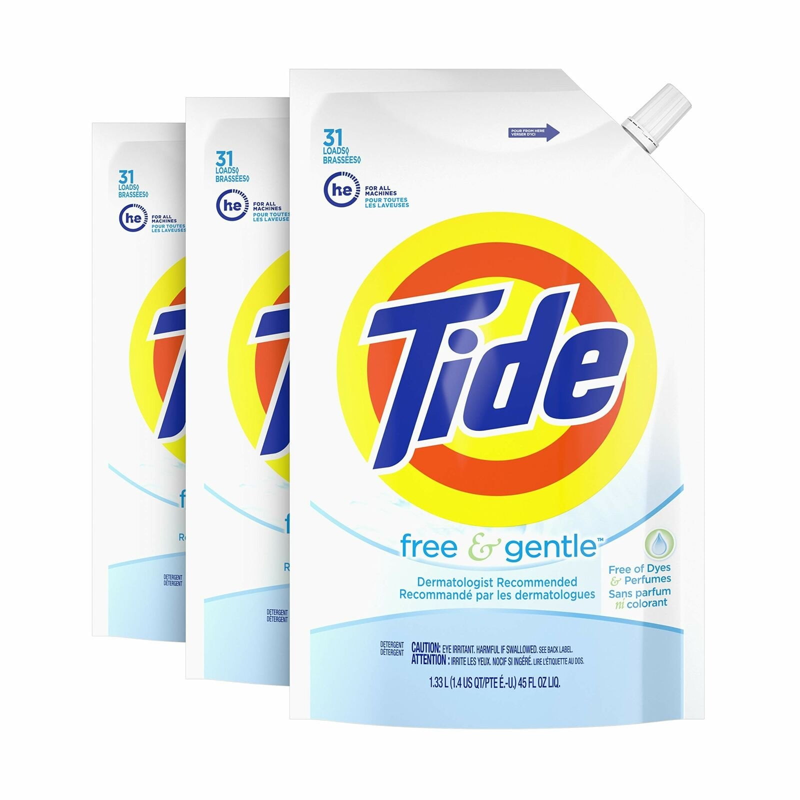 Tide Free and Gentle HE Liquid Laundry Detergent, 93 Loads, Dye-Free, 3 ...