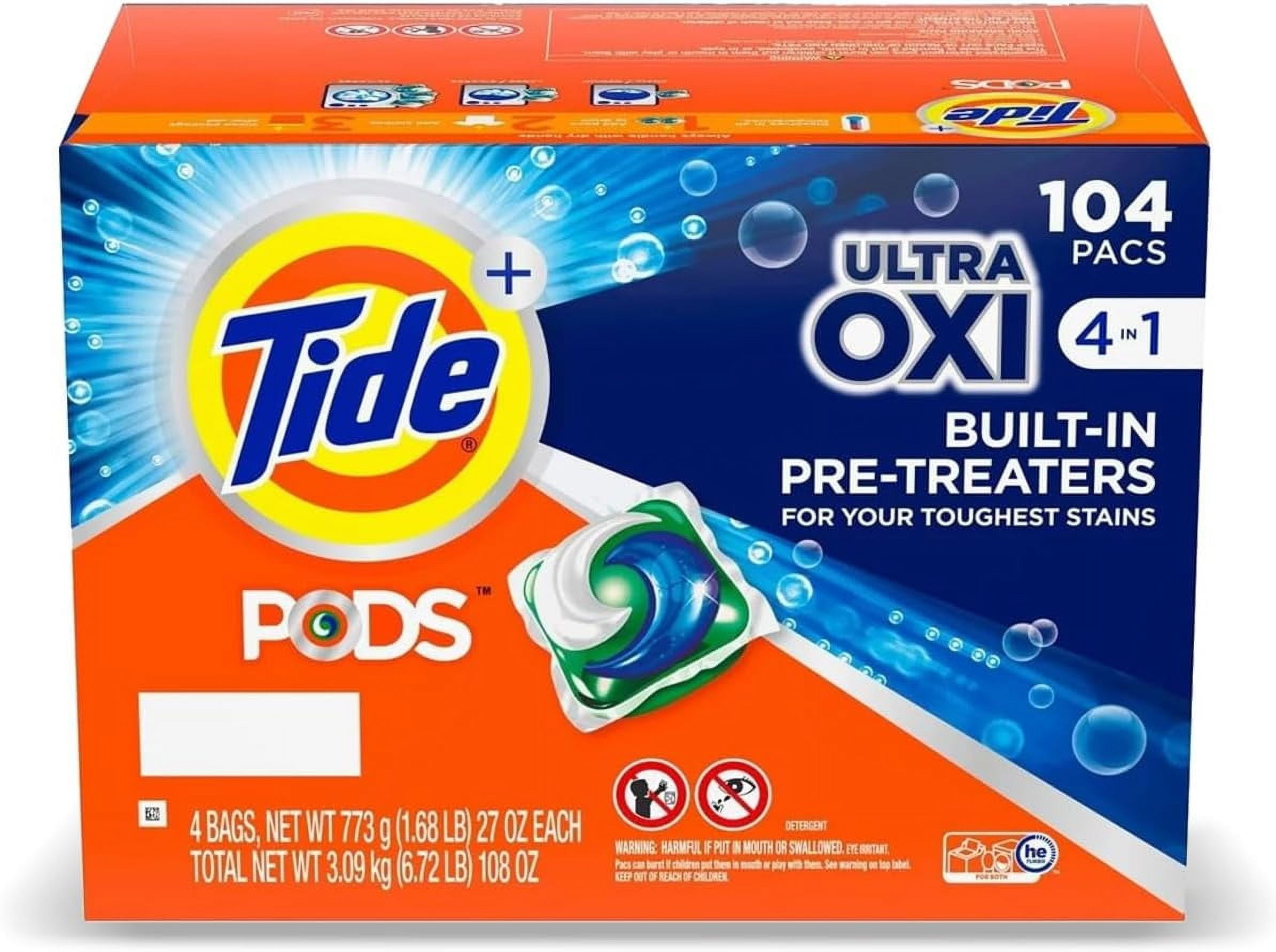 Tide PODS Liquid Detergent Pacs, 4-in-1 Ultra Oxi, 104 Ct, 4 Bags ...