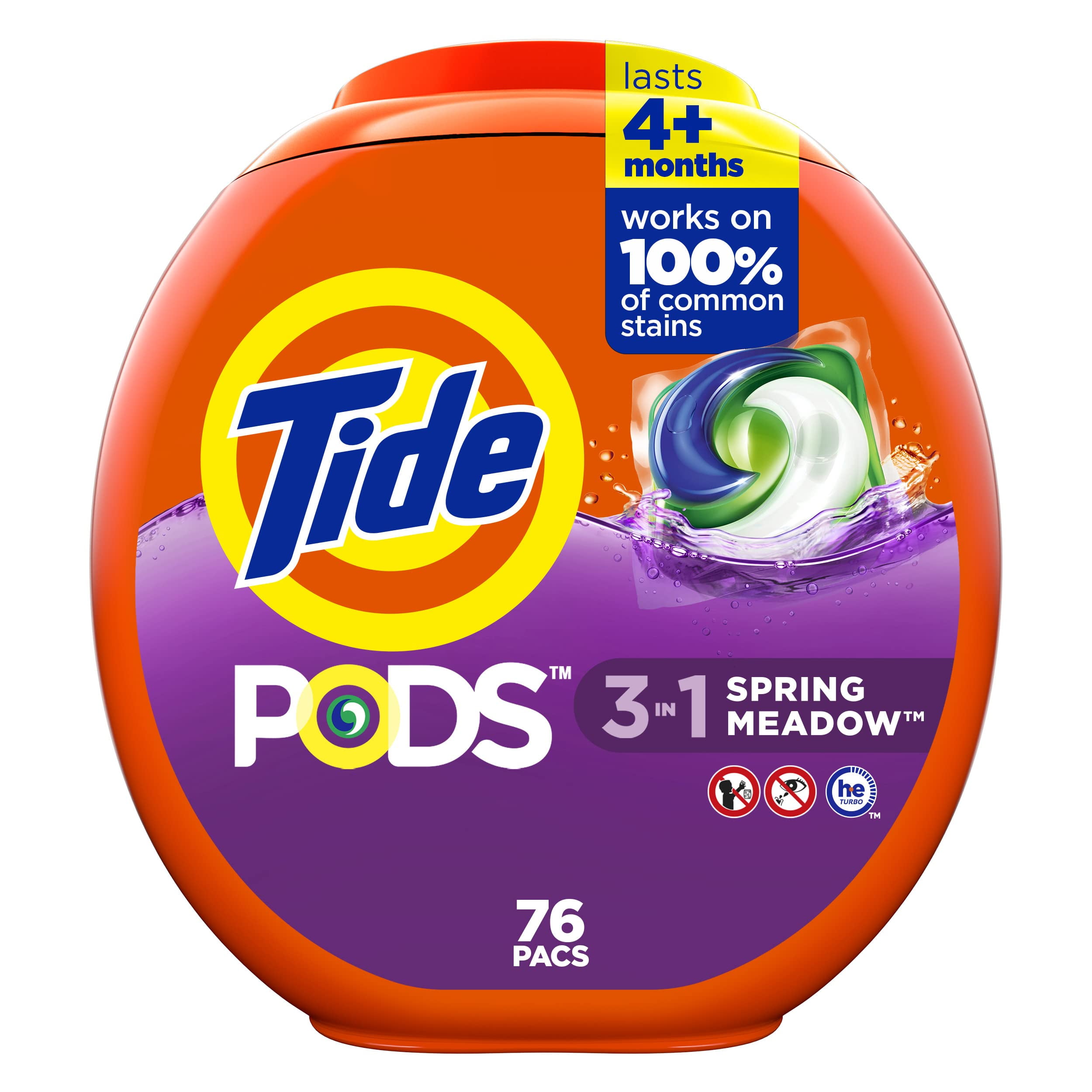 Tide Pods, 76 Count, 3-In-1 Clean, Spring Meadow Scent, HE Compatible ...