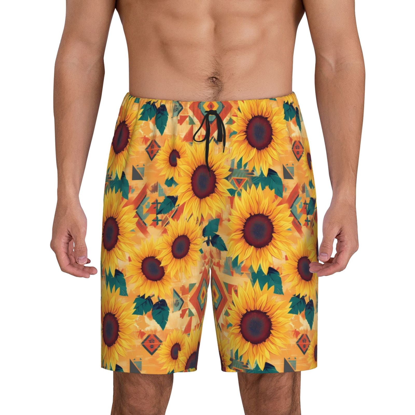 Tideii Bohemian Sunflower Print Men's Short Pajama Pants, Elastic ...