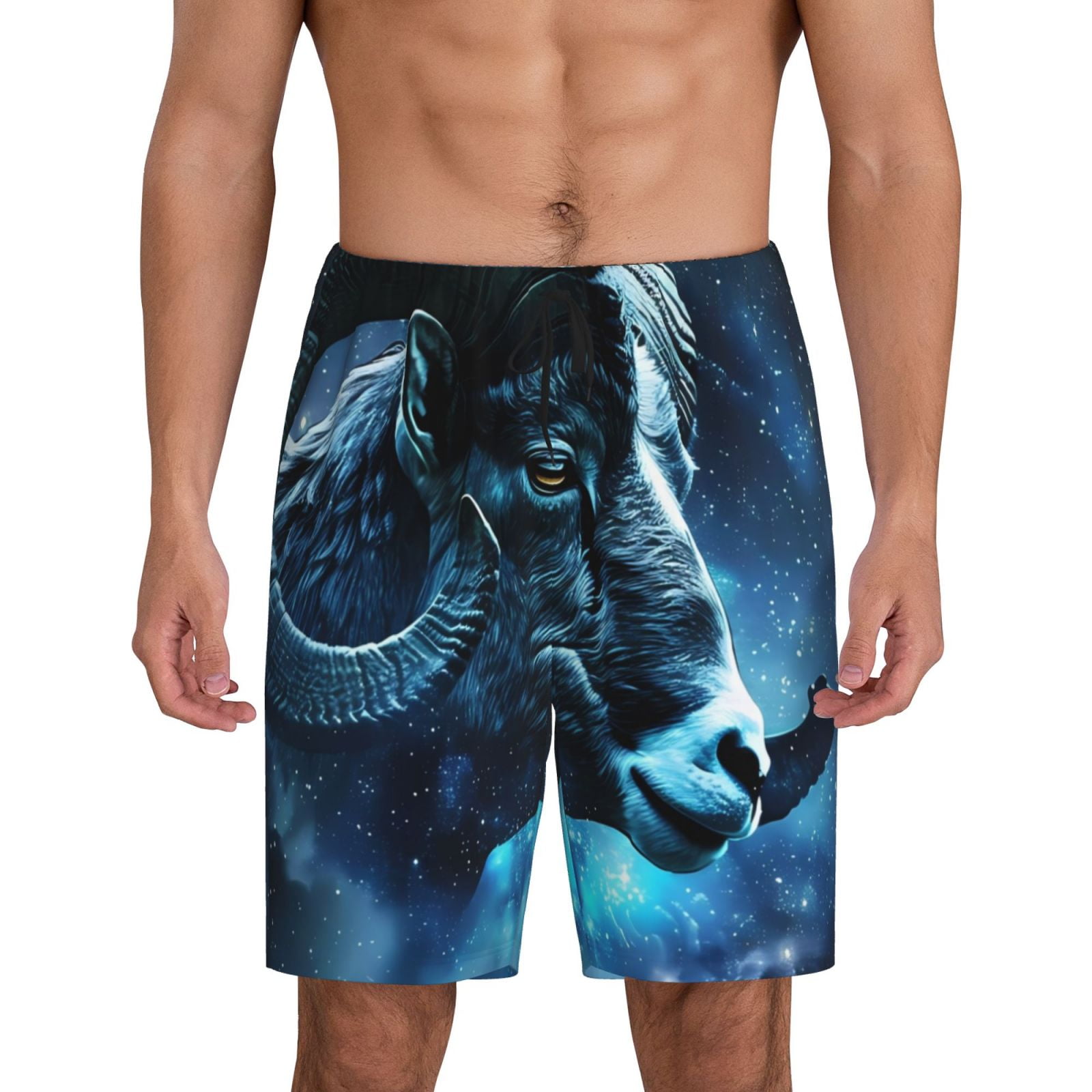 Tideii Celestial Ram Night Sky Print Men's Short Pajama Pants, Elastic ...