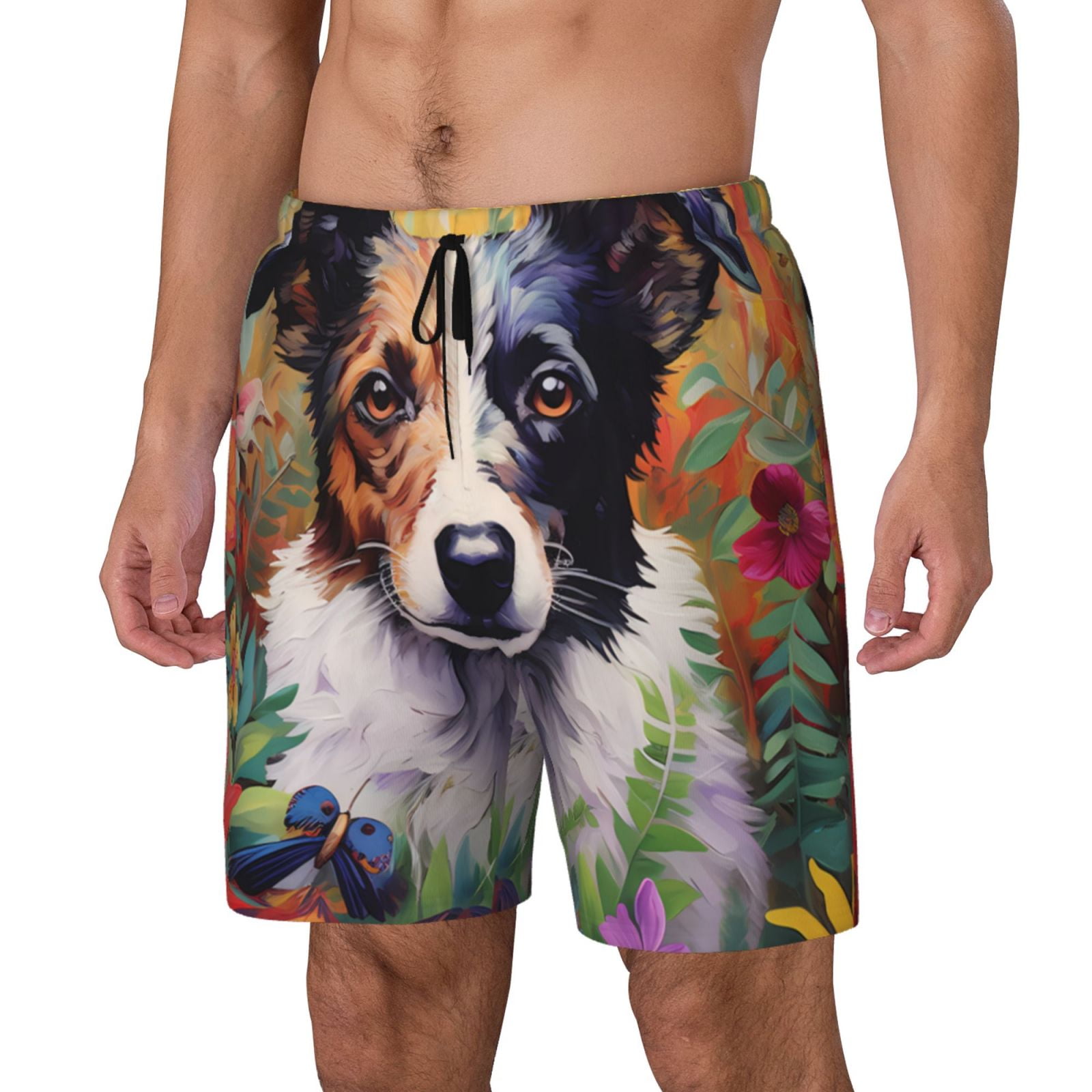 Tideii Colorful Flower Dog for Men's Double Layer Swimming Trunks with ...