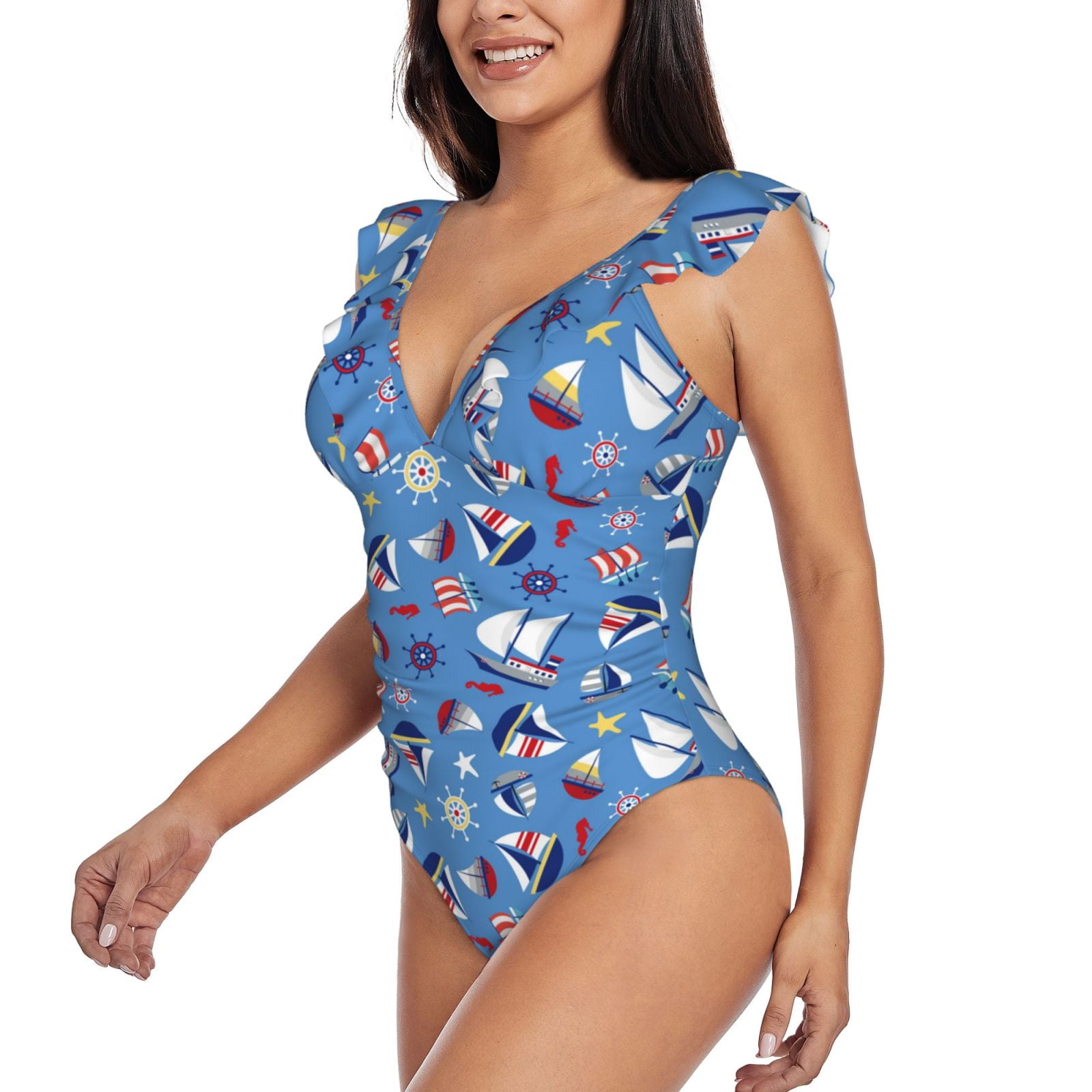 Tideii Colorful Sailing Ship for Women's One-Piece Swimsuit with Ruffle Shoulders and Removable ...