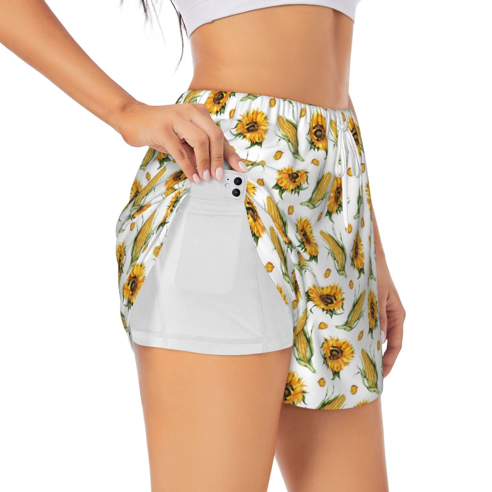 Tideii Corn Sunflowers for Women's Double Layer Sports Shorts with Drawstring, Lined, Pockets ...