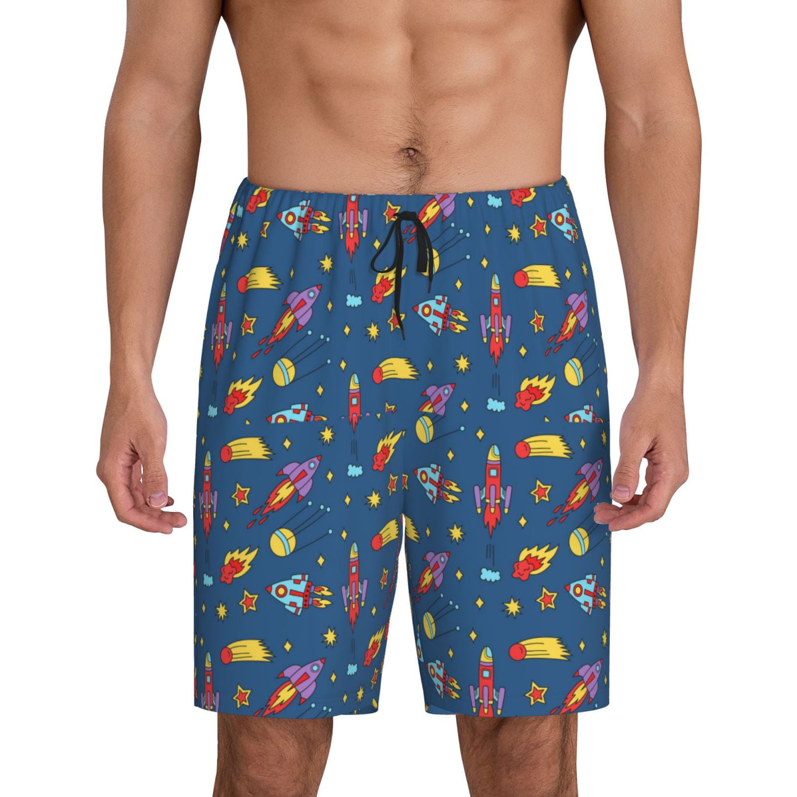 Tideii Cosmos Rockets Print Men's Short Pajama Pants, Elastic Pocket ...