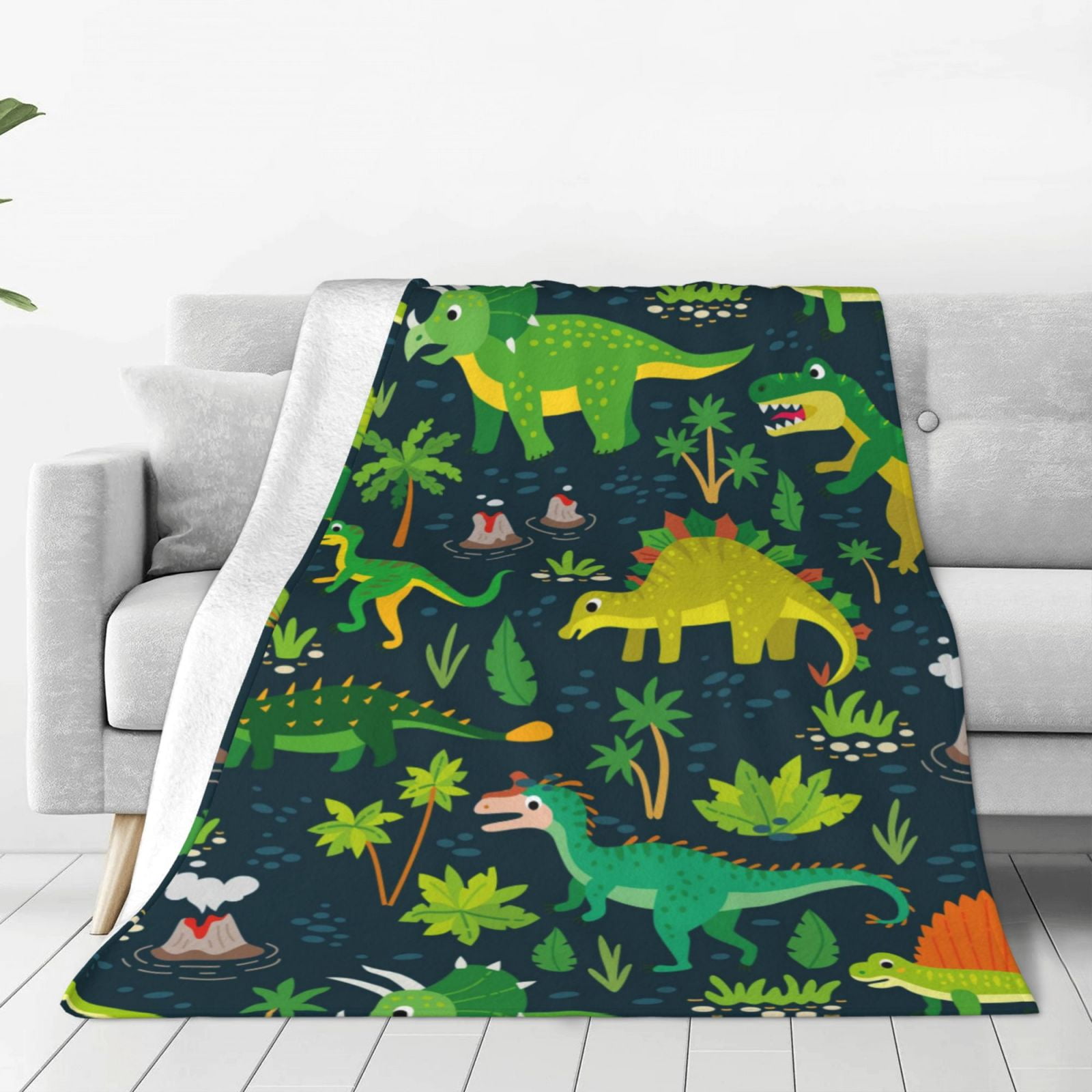 Tideii Dinosaurs and Tropical Leaves and Flowers for Flannel Blanket ...