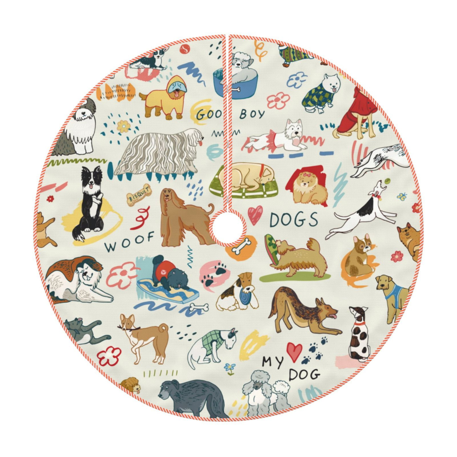 Tideii Dogs Funny Pets for Imitation linen Christmas Tree Skirt Hemming ...