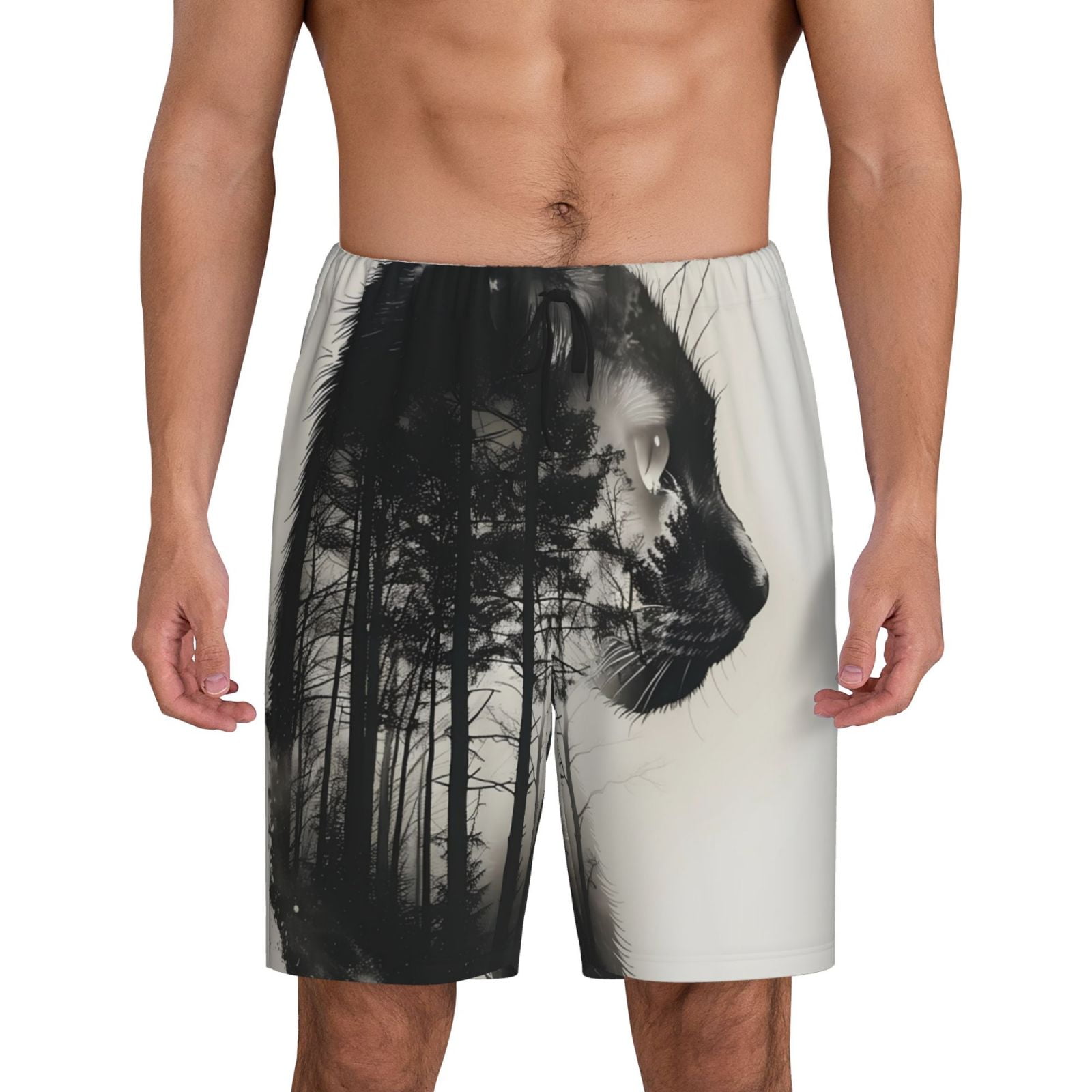 Tideii Double Exposure Cat Forest Print Men's Short Pajama Pants ...