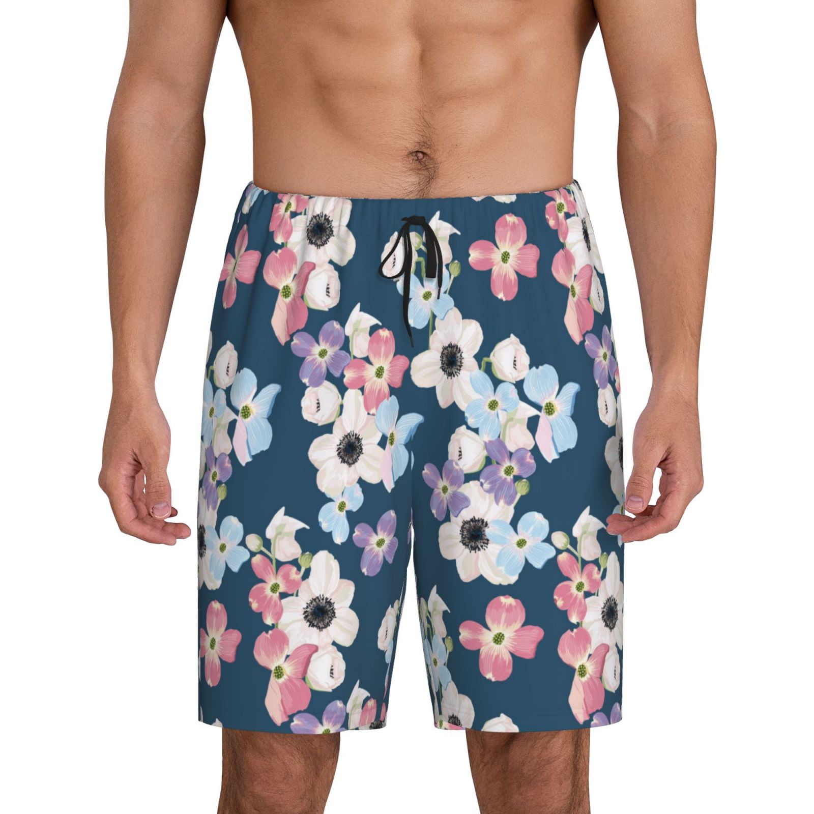 Tideii Flowers Print Men's Short Pajama Pants, Elastic Pocket Summer ...