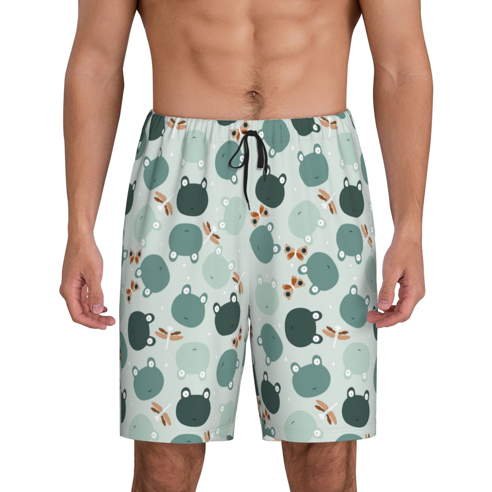Tideii Frog And Dragonflies Print Men's Short Pajama Pants, Elastic Pocket Summer Pajama Pants ...