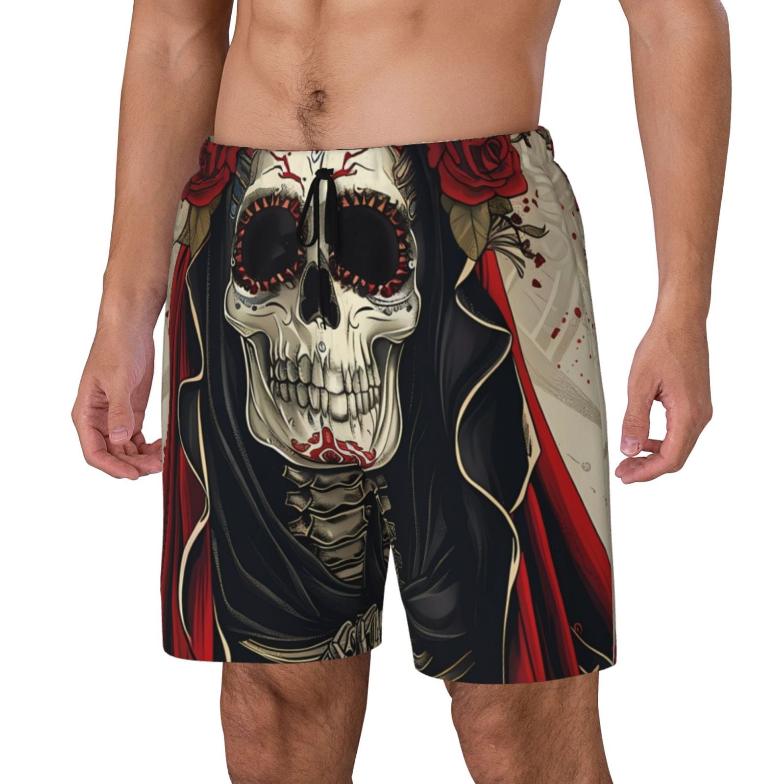 Tideii Gothic Skull With Roses for Men's Double Layer Swimming Trunks ...
