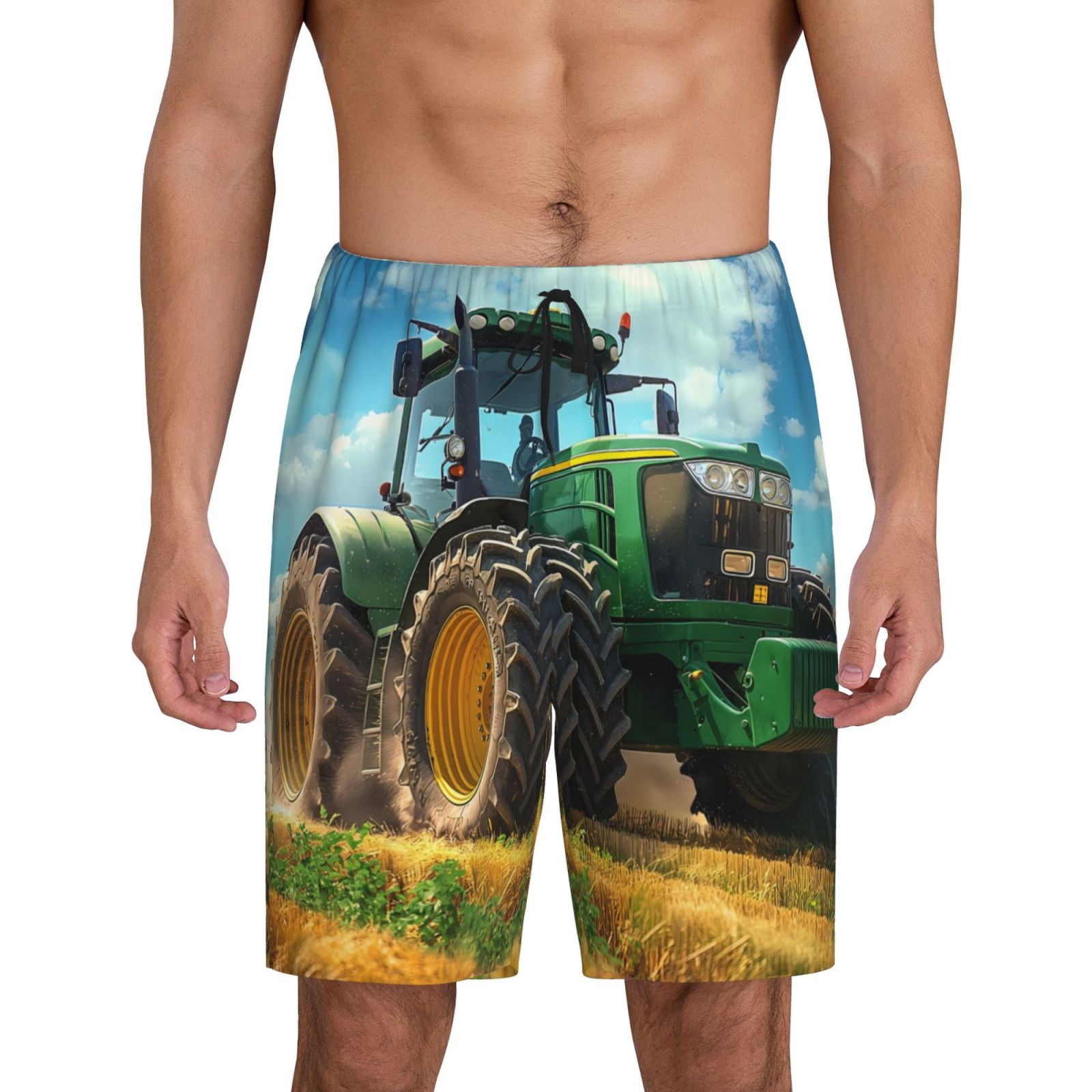 Tideii Green Tractor Field Print Men's Short Pajama Pants, Elastic ...