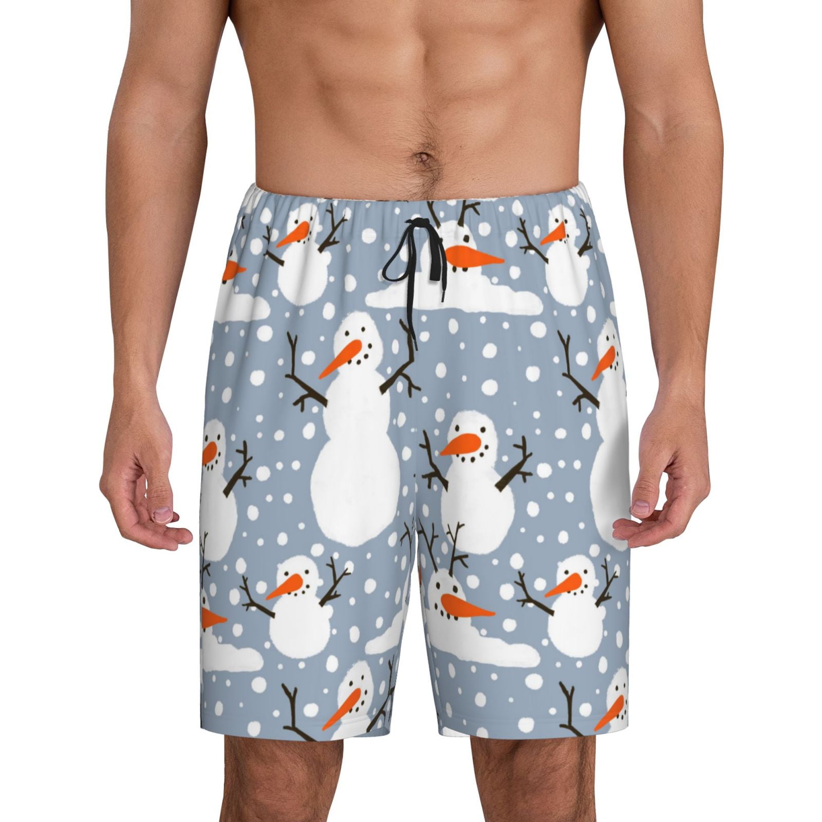 Tideii Happy Snowmen Snowfall Print Men's Short Pajama Pants, Elastic ...
