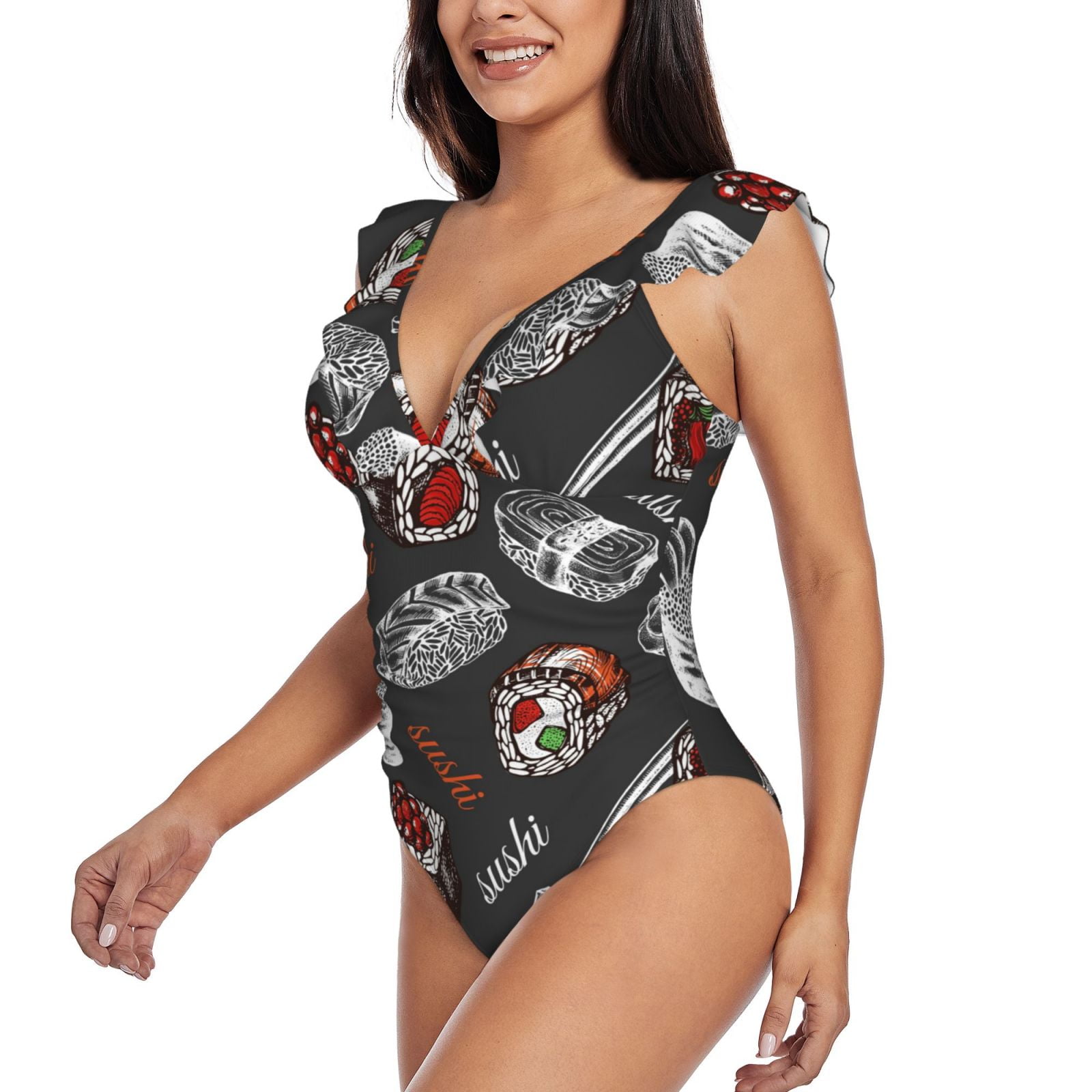 Tideii Japanese Sushi Hashi for Women's One-Piece Swimsuit with Ruffle Shoulders and Removable ...