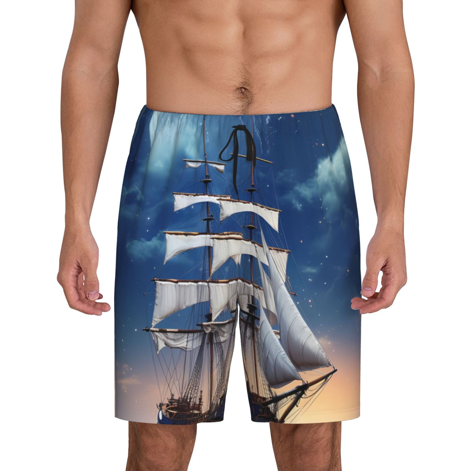 Tideii Moonlit Night Sea Sailboat Print Men's Short Pajama Pants ...