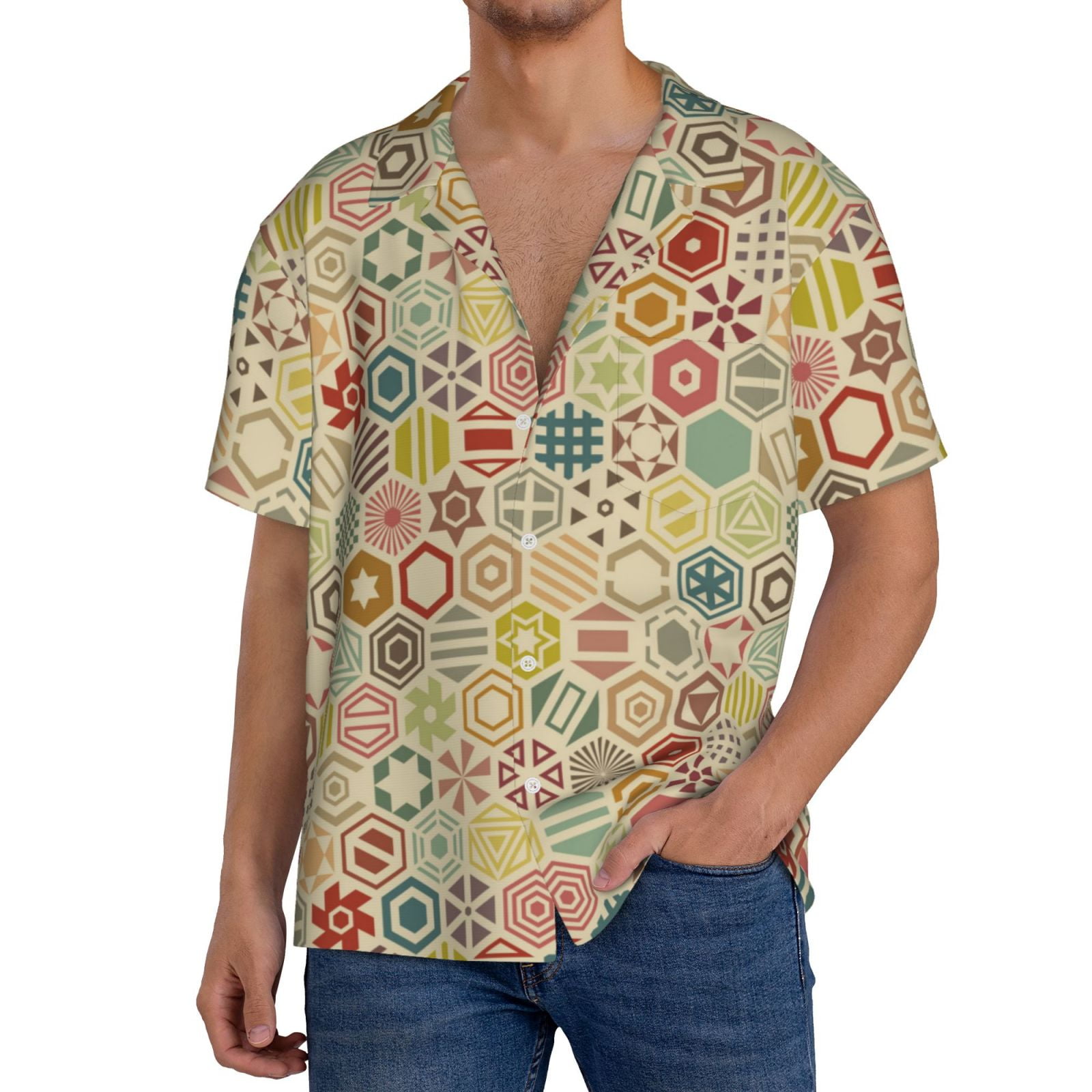 Tideii Retro Geometry for Men's Cuban Collar Short Sleeve Shirt with ...