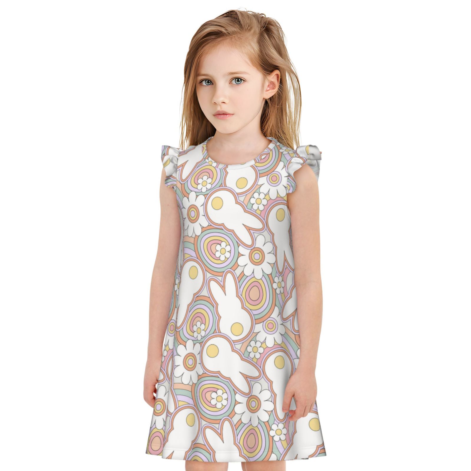Tideii Retro Hippie Groovy Easter bunny for Girls' Flying Sleeves ...
