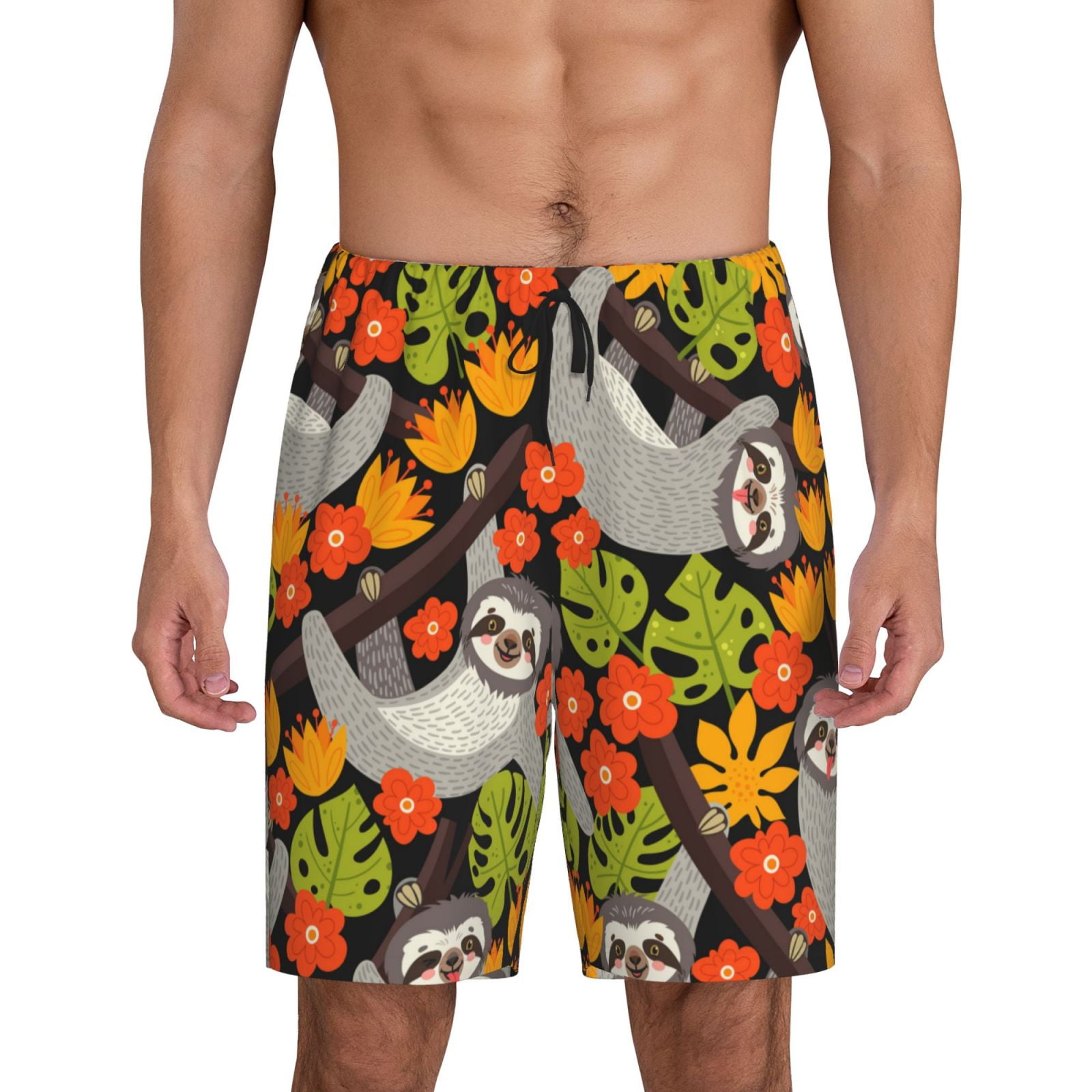 Tideii Sloth on the Branch Print Men's Short Pajama Pants, Elastic ...