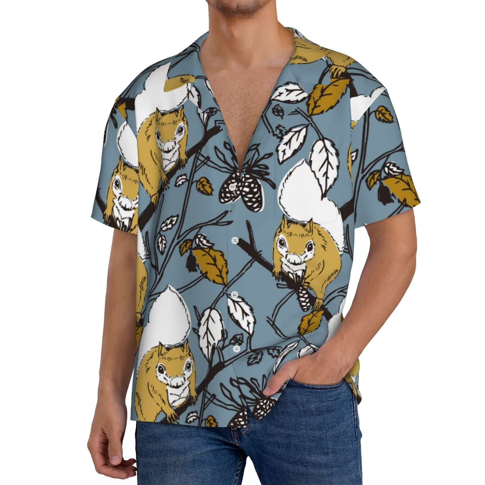 Tideii Squirrel And Leaves for Men's Cuban Collar Short Sleeve Shirt ...