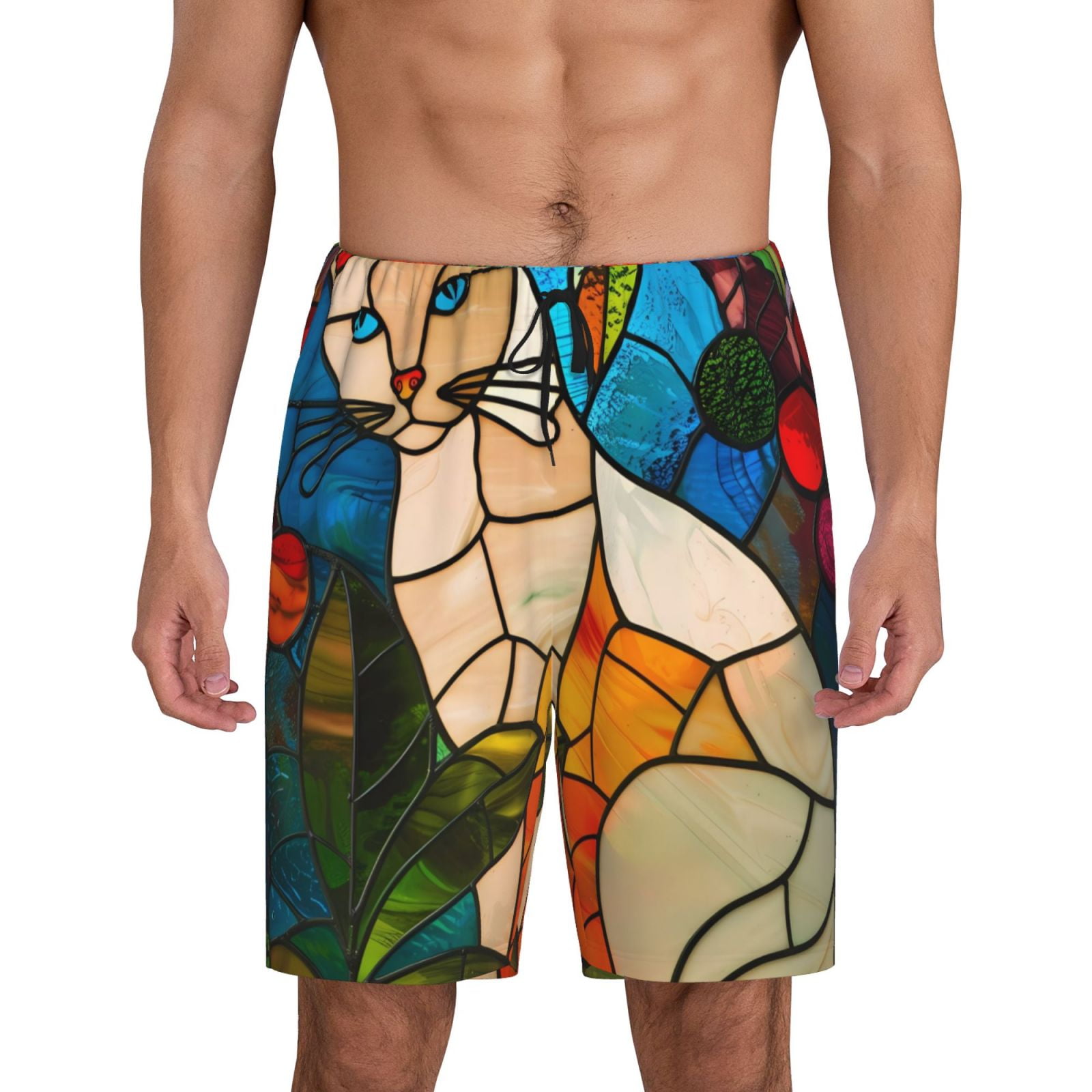 Tideii Stained Glass Cat Art Print Men's Short Pajama Pants, Elastic ...