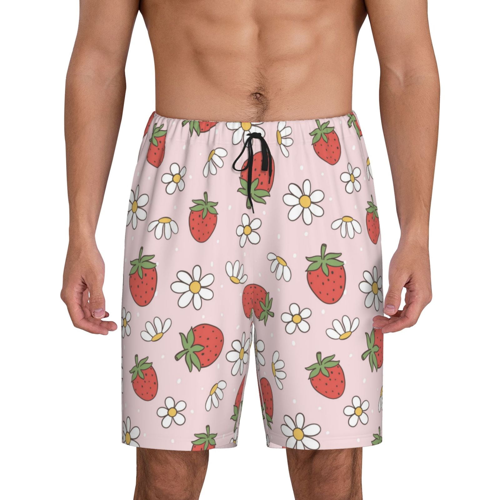 Tideii Strawberry Floral Print Men's Short Pajama Pants, Elastic Pocket ...