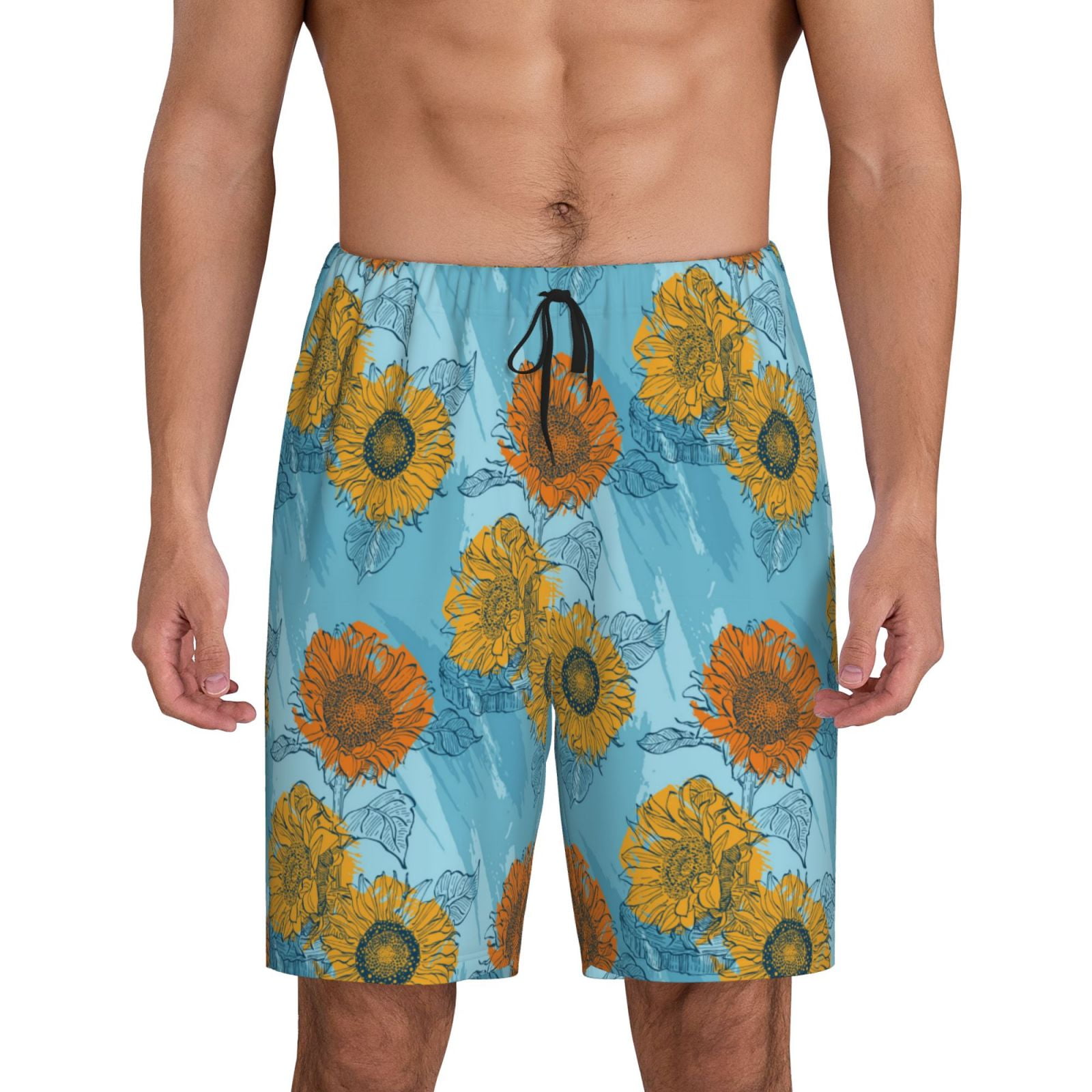 Tideii Sunflowers Print Men's Short Pajama Pants, Elastic Pocket Summer ...