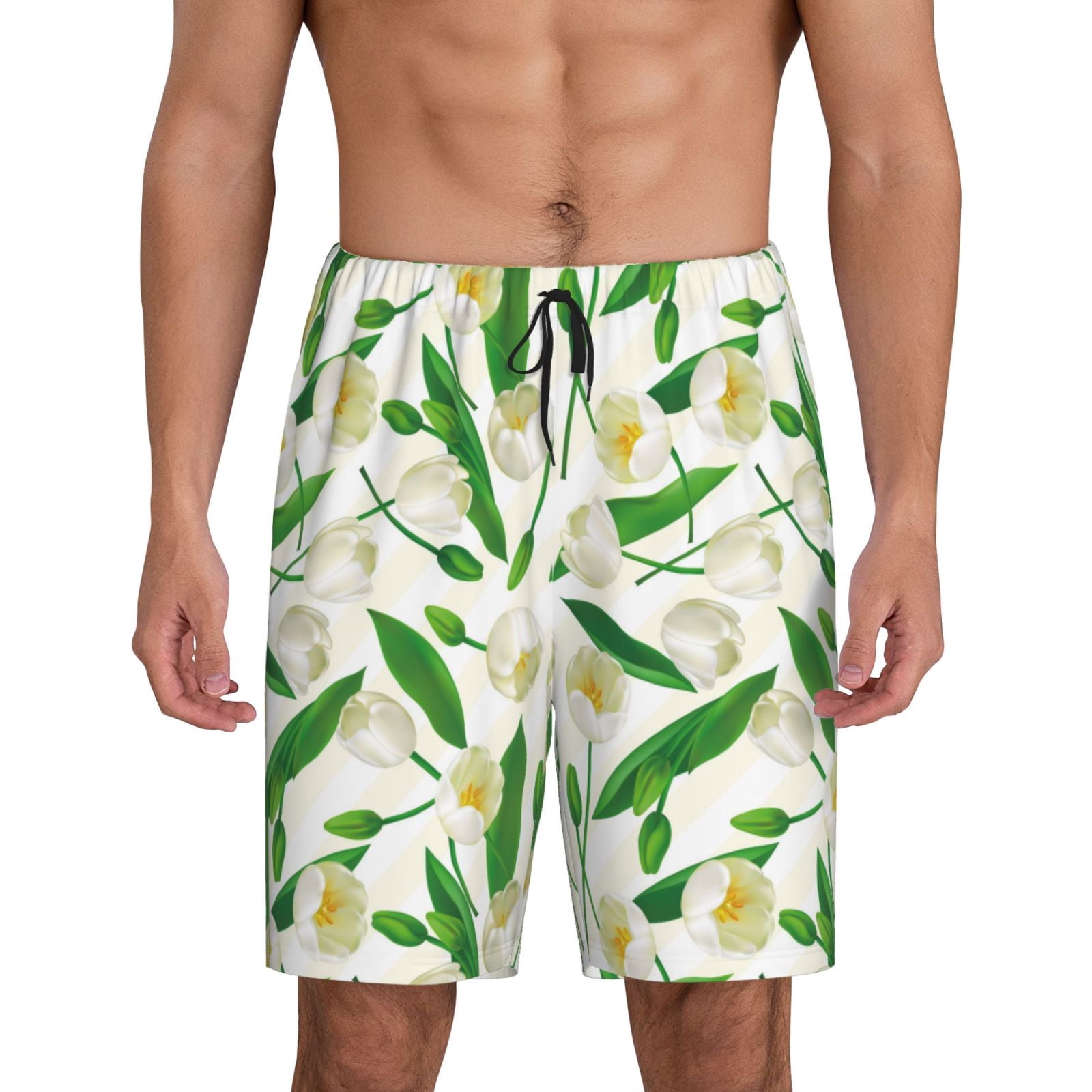 Tideii Tulips Flowers Print Men's Short Pajama Pants, Elastic Pocket ...