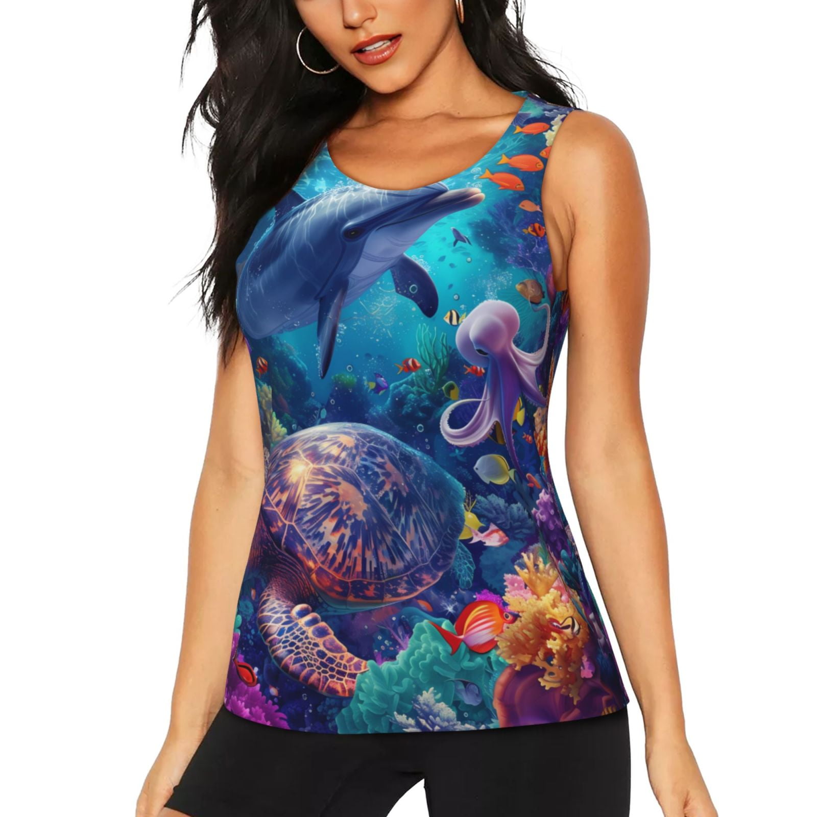 Tideii Underwater Turtle Dolphin Octopus for Women's Quick-drying Vest, Sweat-wicking U-neck ...