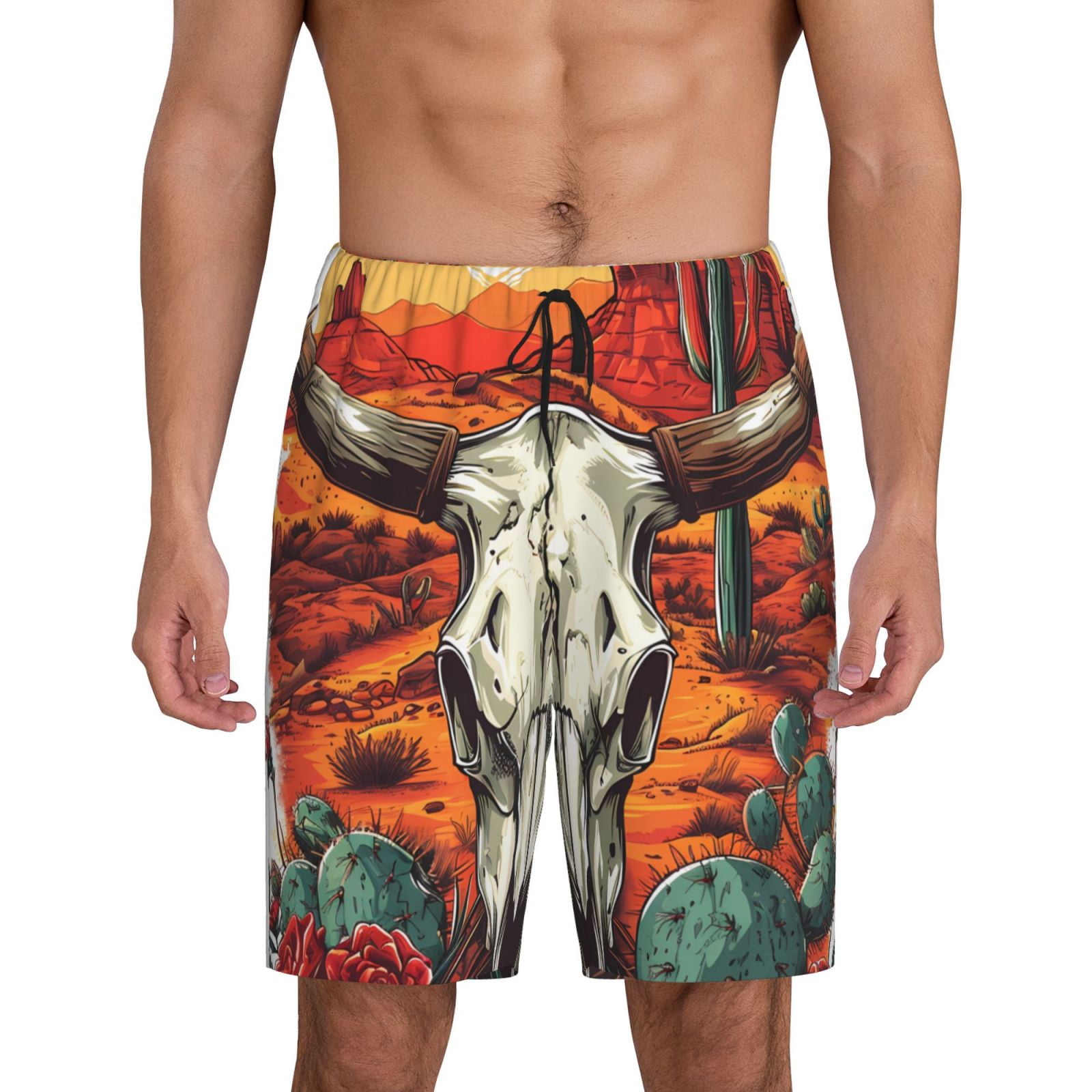 Tideii Western Desert Cactus Ram Skull Print Men's Short Pajama Pants ...