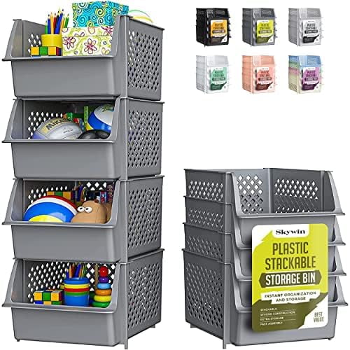 TidyFriend Plastic Stackable Storage Bins for Pantry, 4 Pack Stackable ...