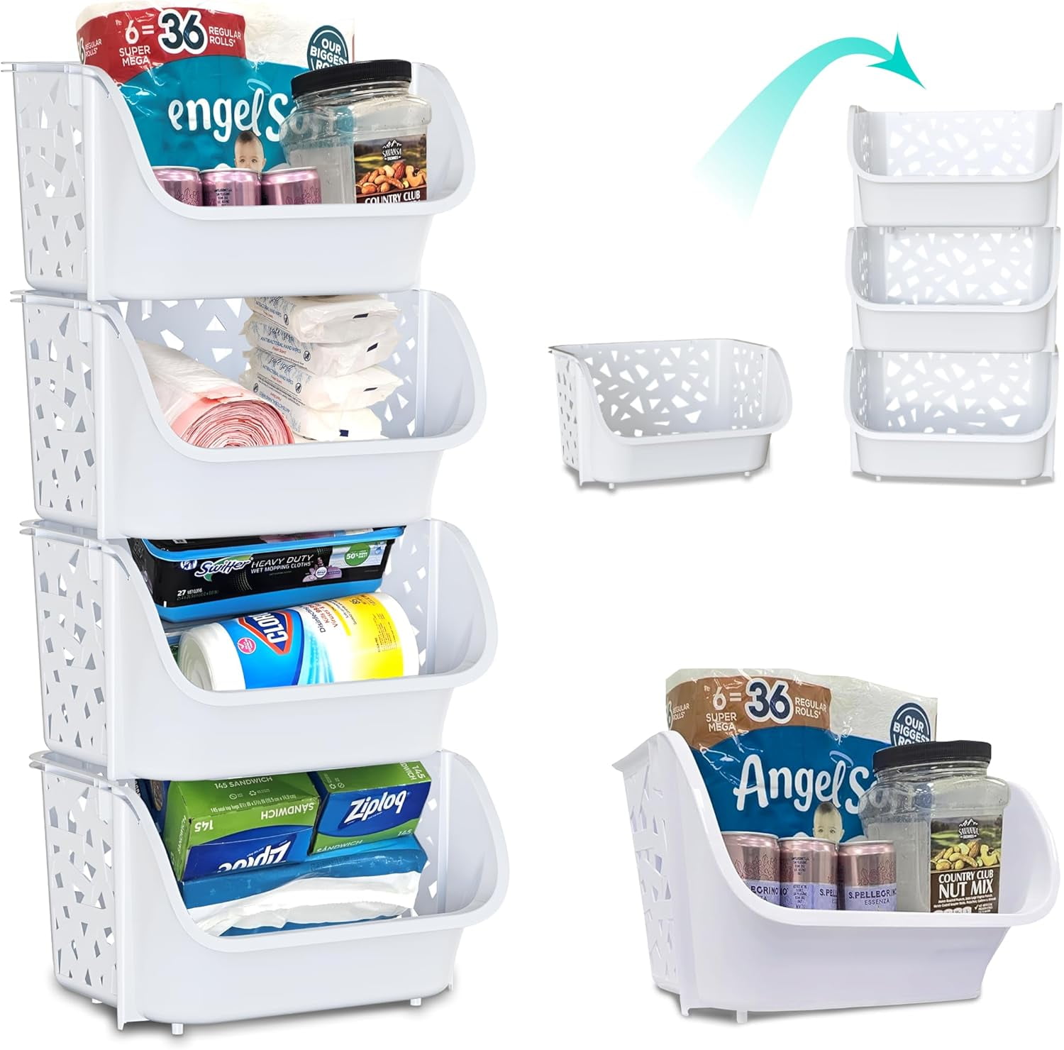 TidyFriend Plastic Stackable Storage Bins for Pantry -4 Pack Stackable ...