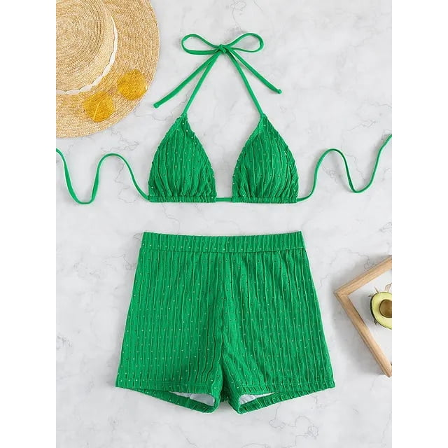 Tie Back Halter Bikinis 2024 Women High Waist Swimsuit Solid Padded ...