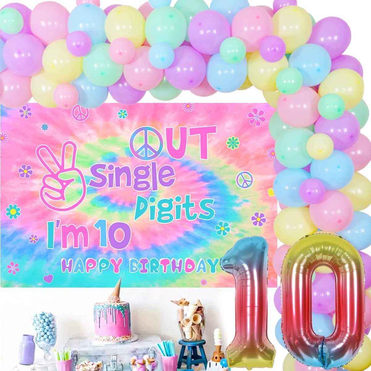 Tie Dye 10th Birthday Decorations for Girls, Peace out Single Digits ...